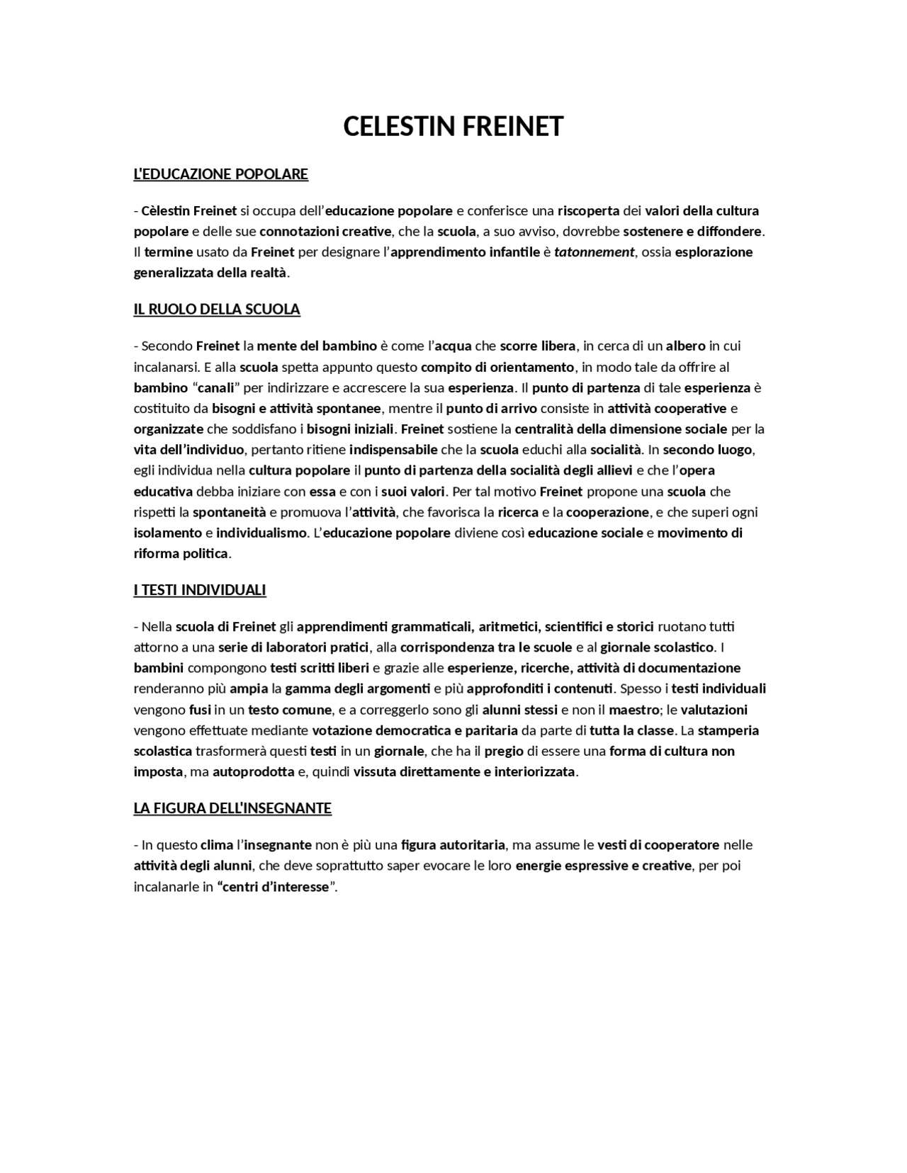 PEDAGOGIA - CELESTIN FREINET - Docsity