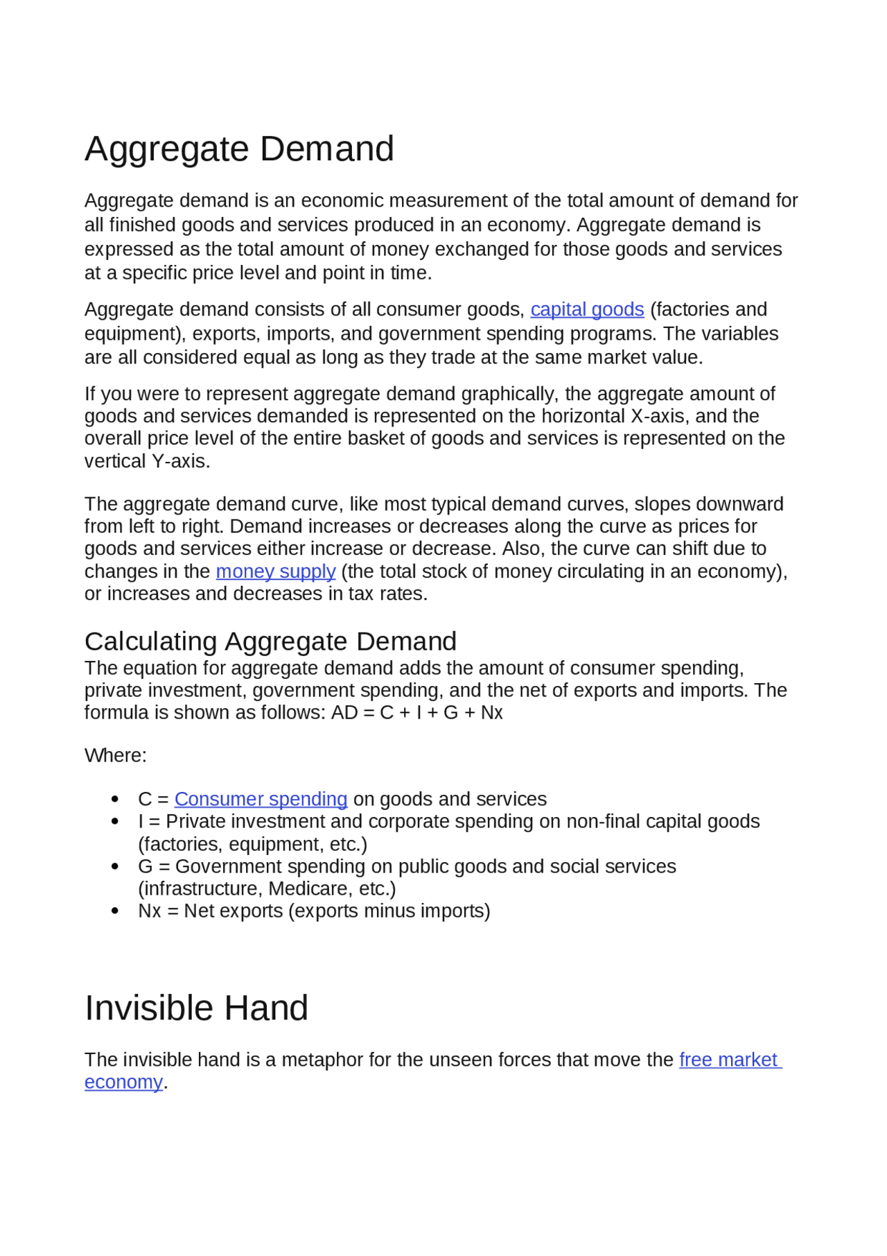 Aggregate demand, aggregate demand e invisble hand di Smith - Docsity