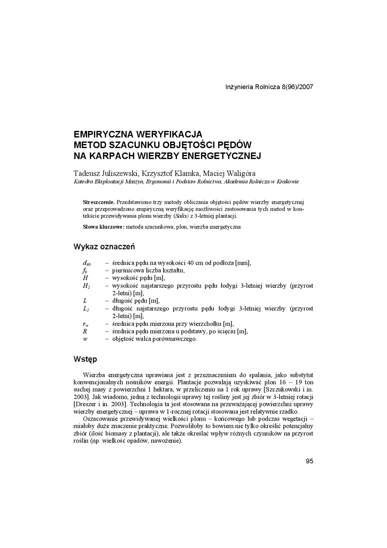 Empiryczna weryfikacja objętości pędów na karpach wierzby energetycznej - Docsity