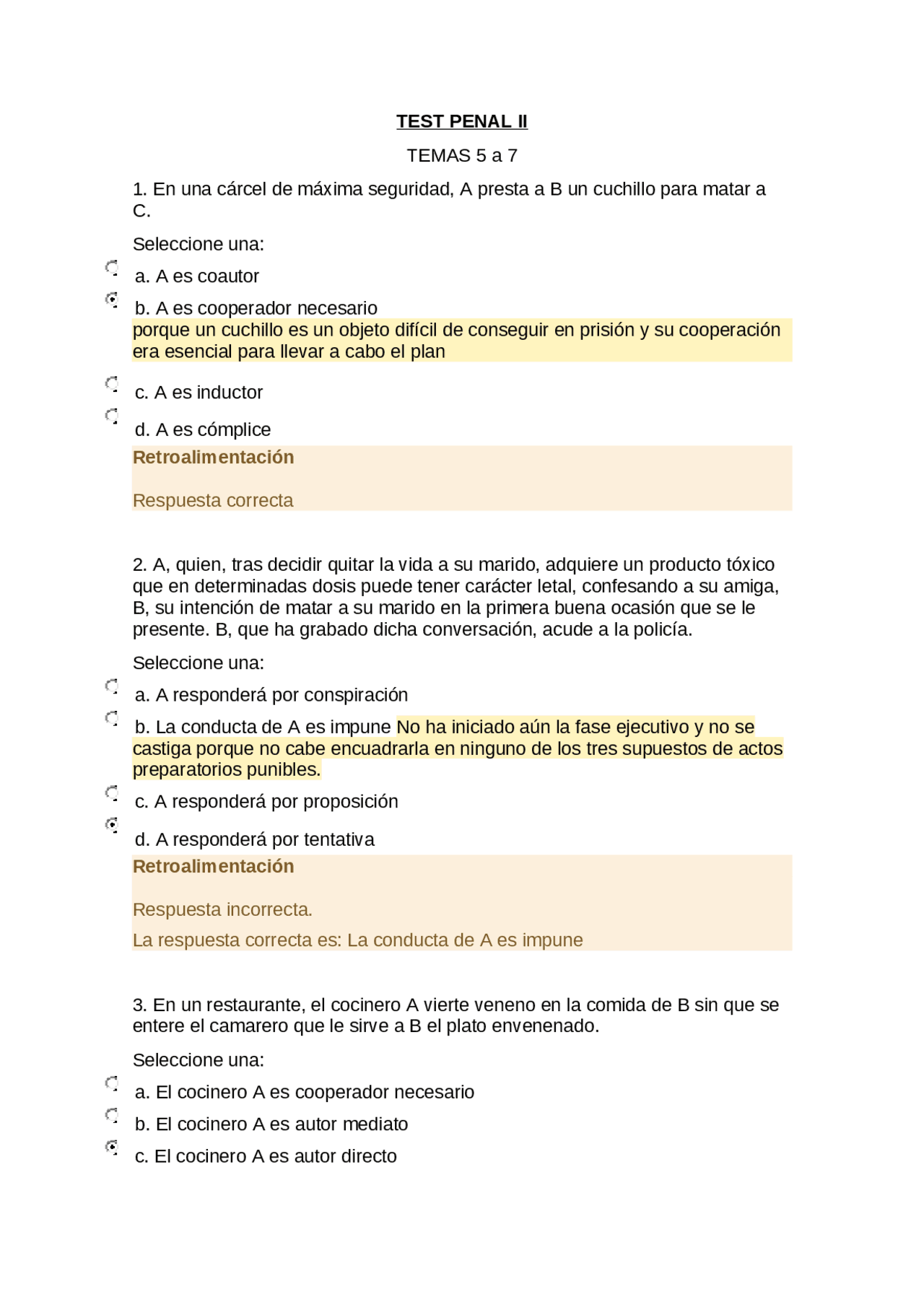 Test Derecho Penal Ii Docsity