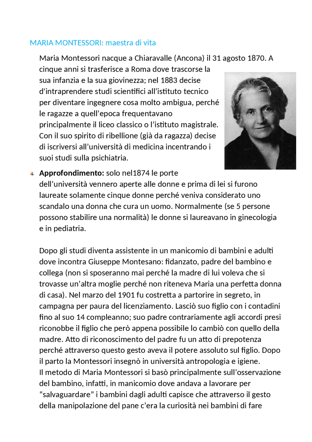 La vita di Maria Montessori - Docsity