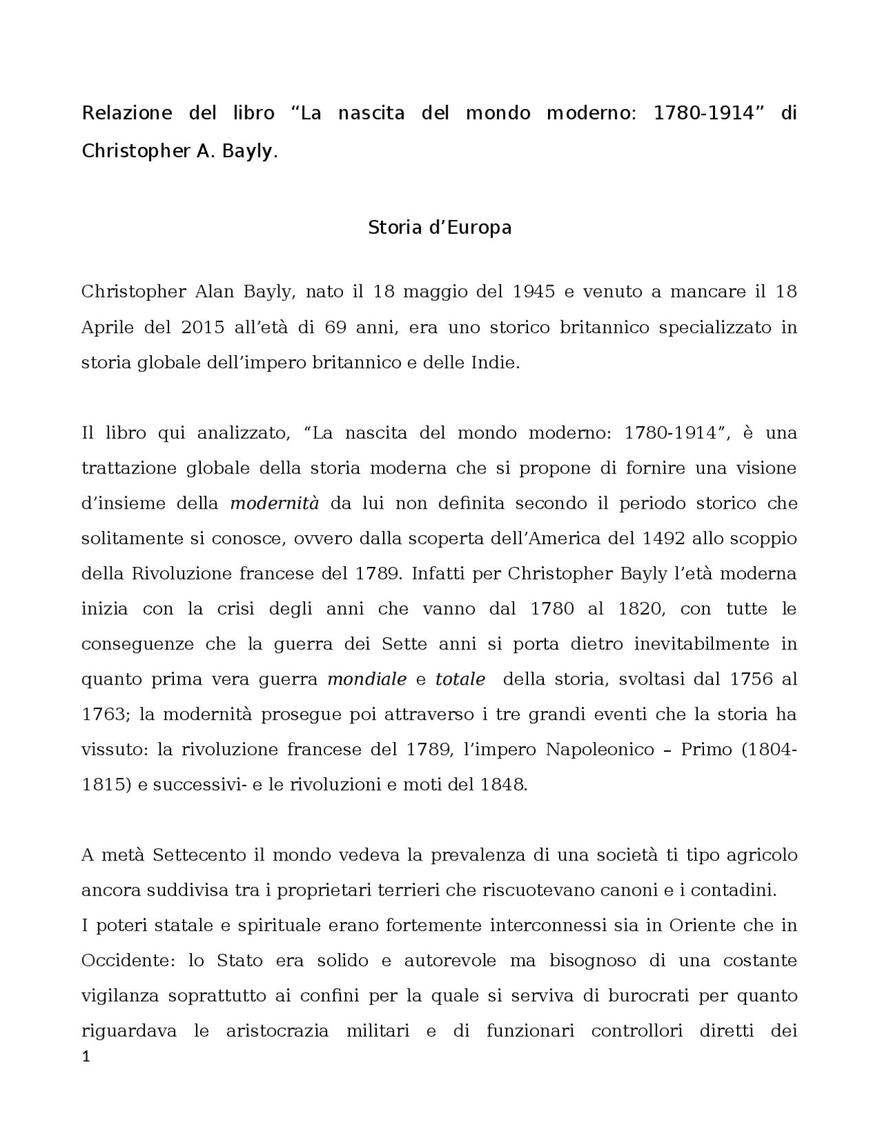 Relazione "La nascita del mondo moderno" di Christopher Bayly - Docsity