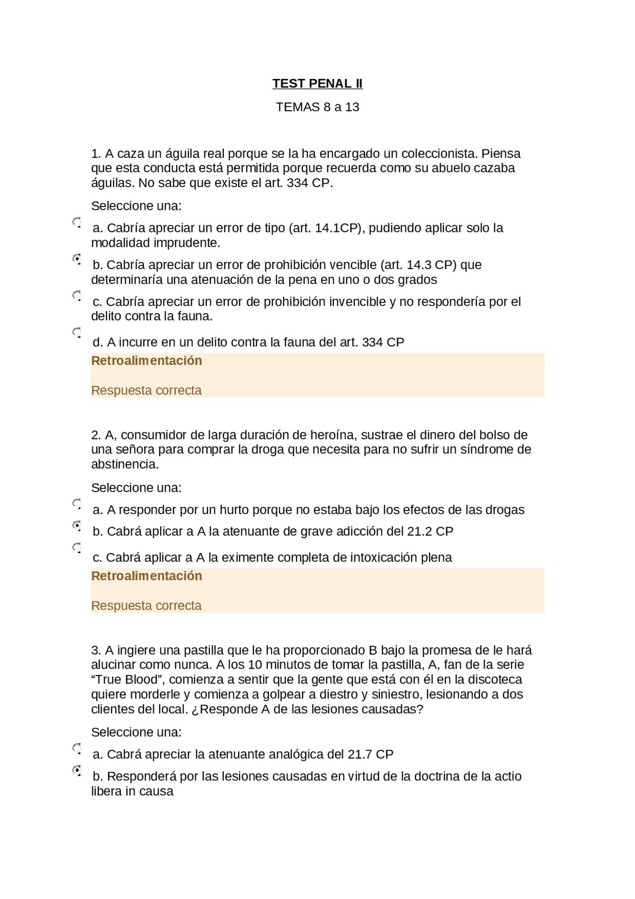 Test Derecho Penal Ii Docsity