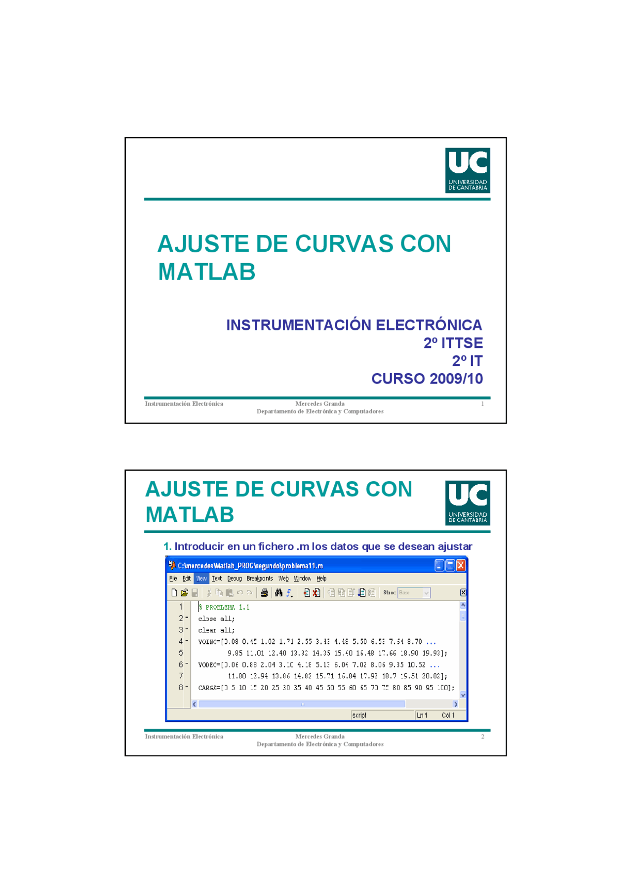Ajuste de curvas de un ejercicio de matlab | Ejercicios de Programación Informática | Docsity