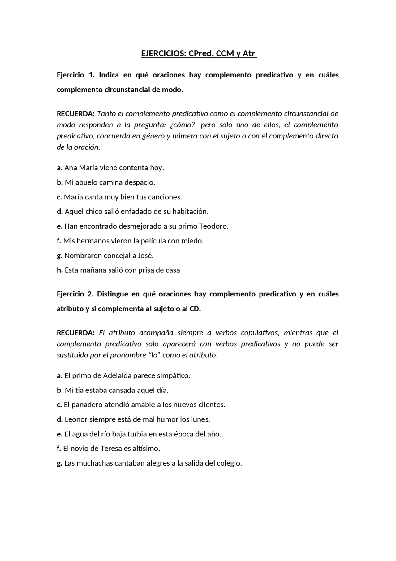 Ejercicios complementos verbales - Docsity