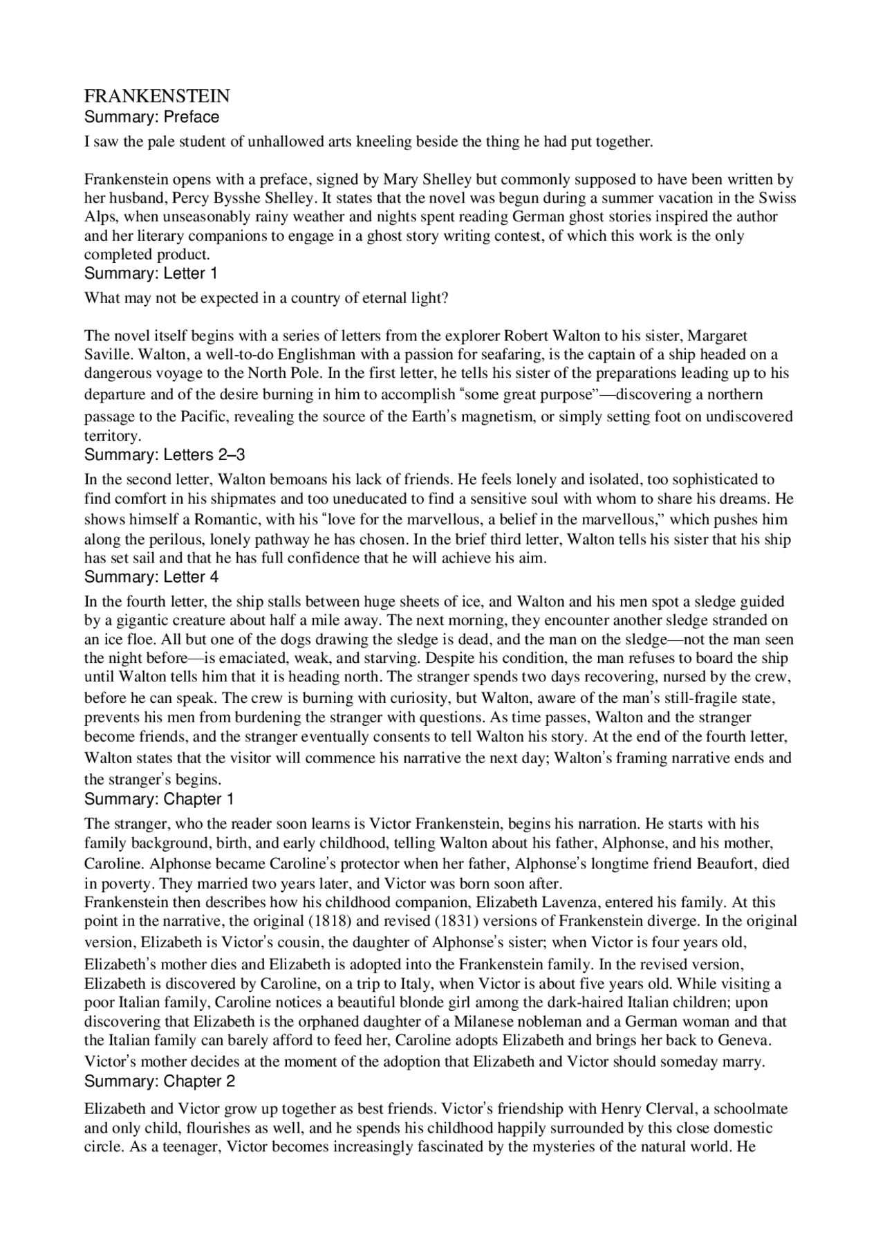 Frankenstein by Mary Shelley summary - Docsity