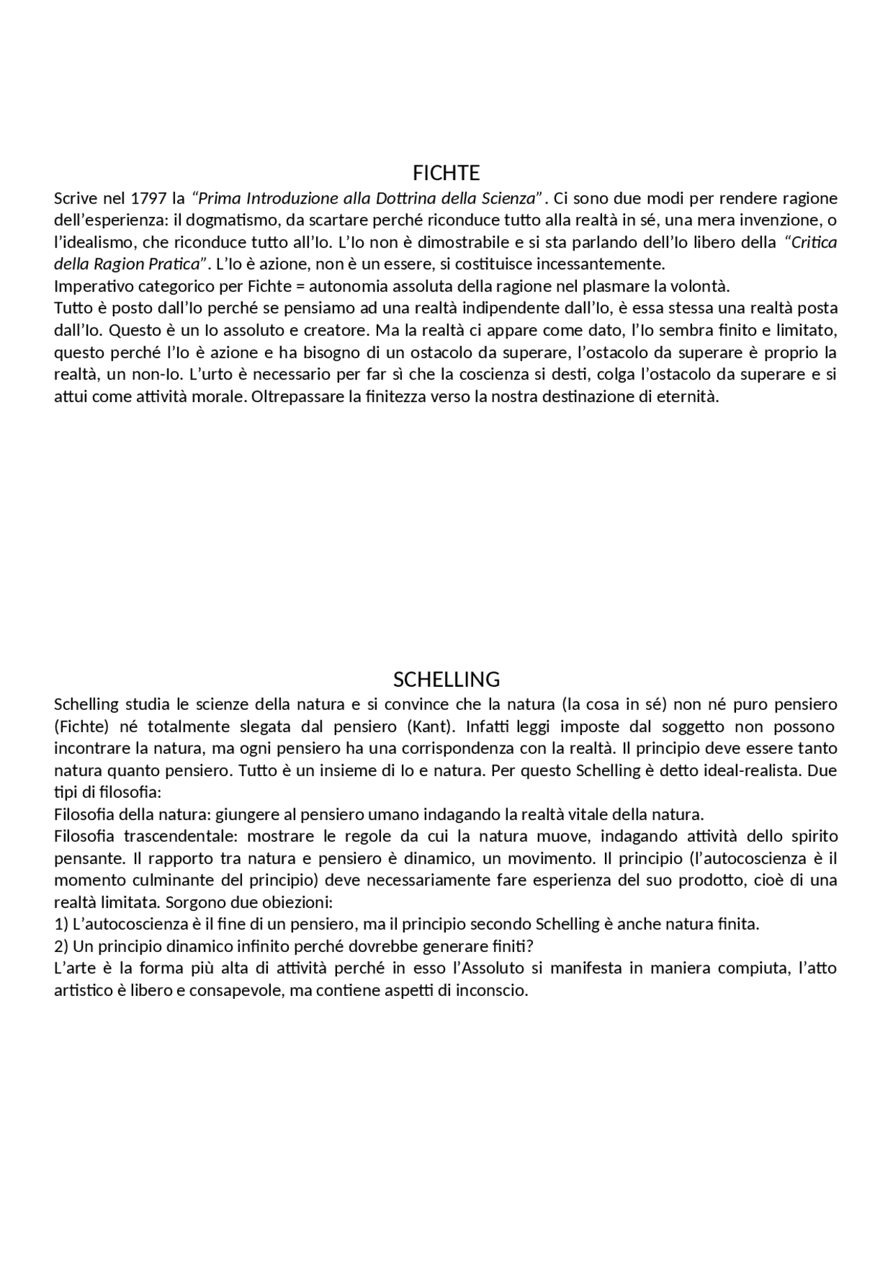Riassunto Di Filosofia Su Fichte E Schelling Docsity