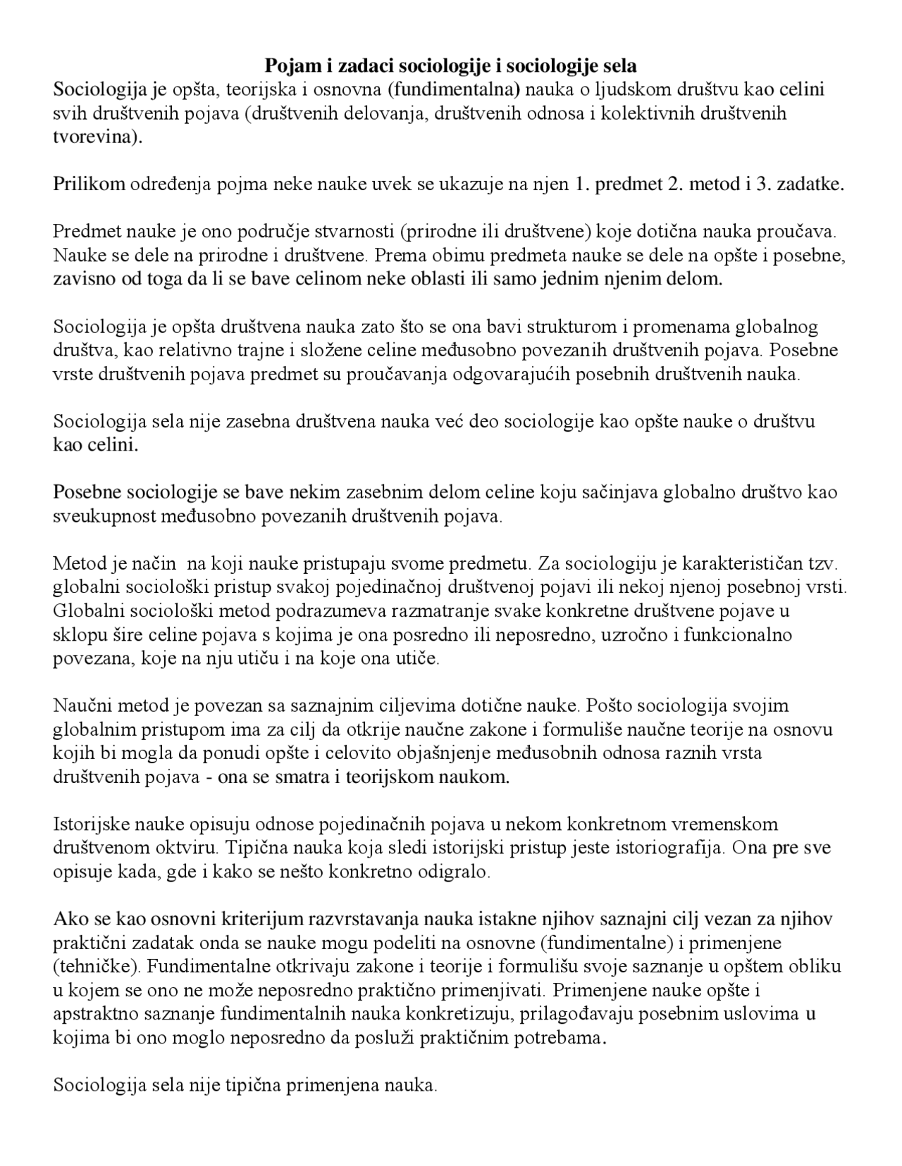 Pojam i zadaci sociologije i sociologije sela | Skripte' predlog Sociologija naselja - Docsity