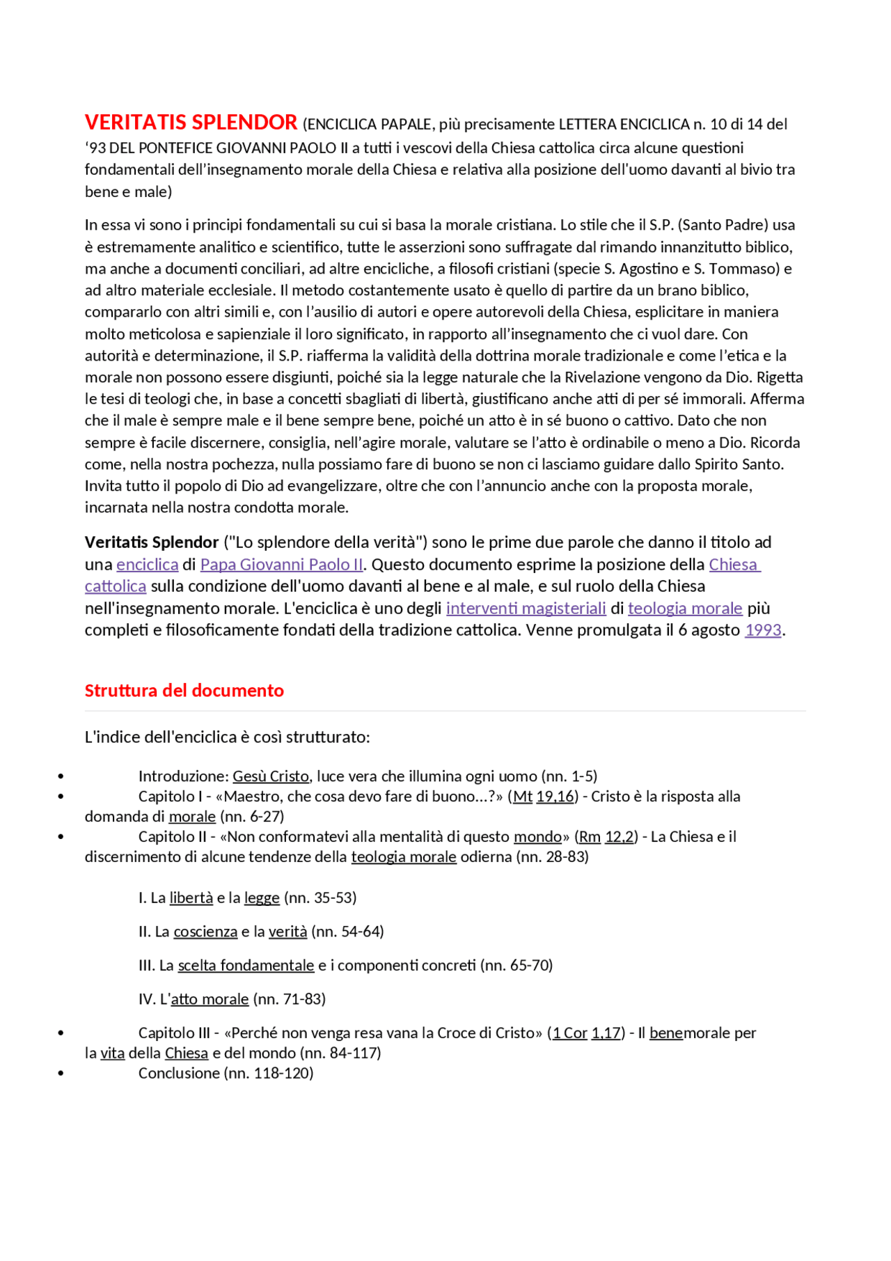 Veritatis splendor enciclica | Appunti di Teologia | Docsity