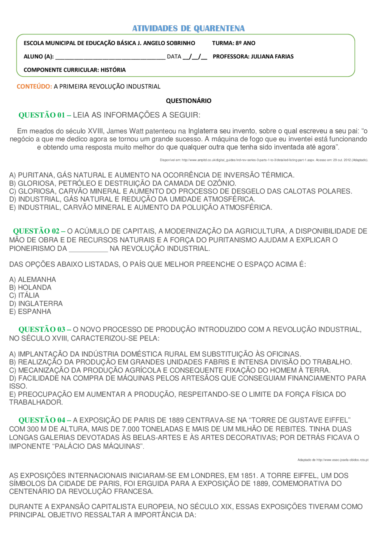Questionário Revolução Industrial Docsity