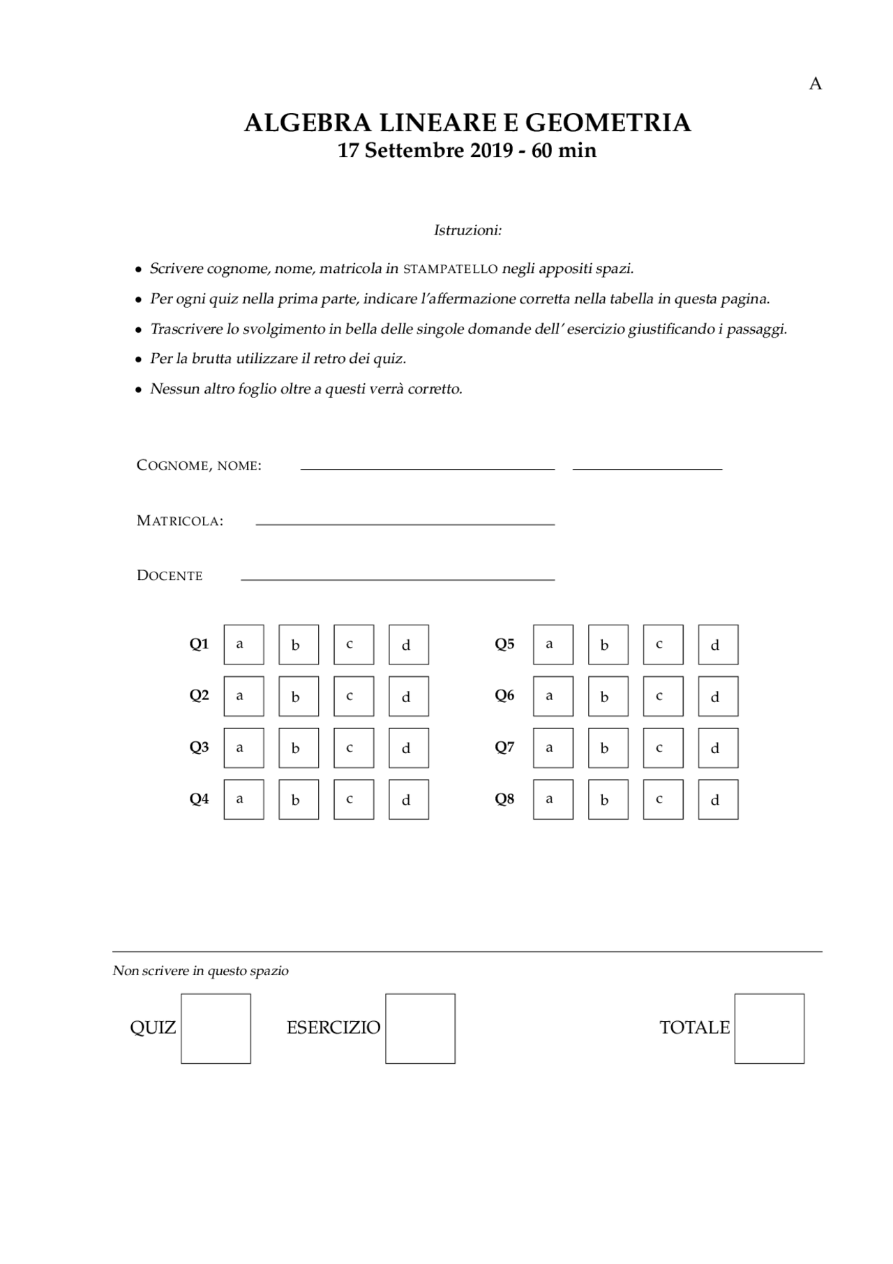 Esame Algebra Lineare Docsity