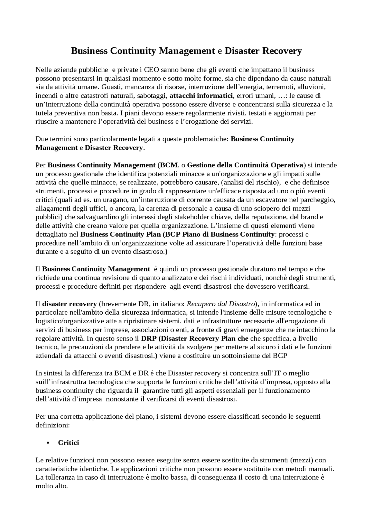 BUSINESS CONTINUITY E DISASTER RECOVERY - Docsity