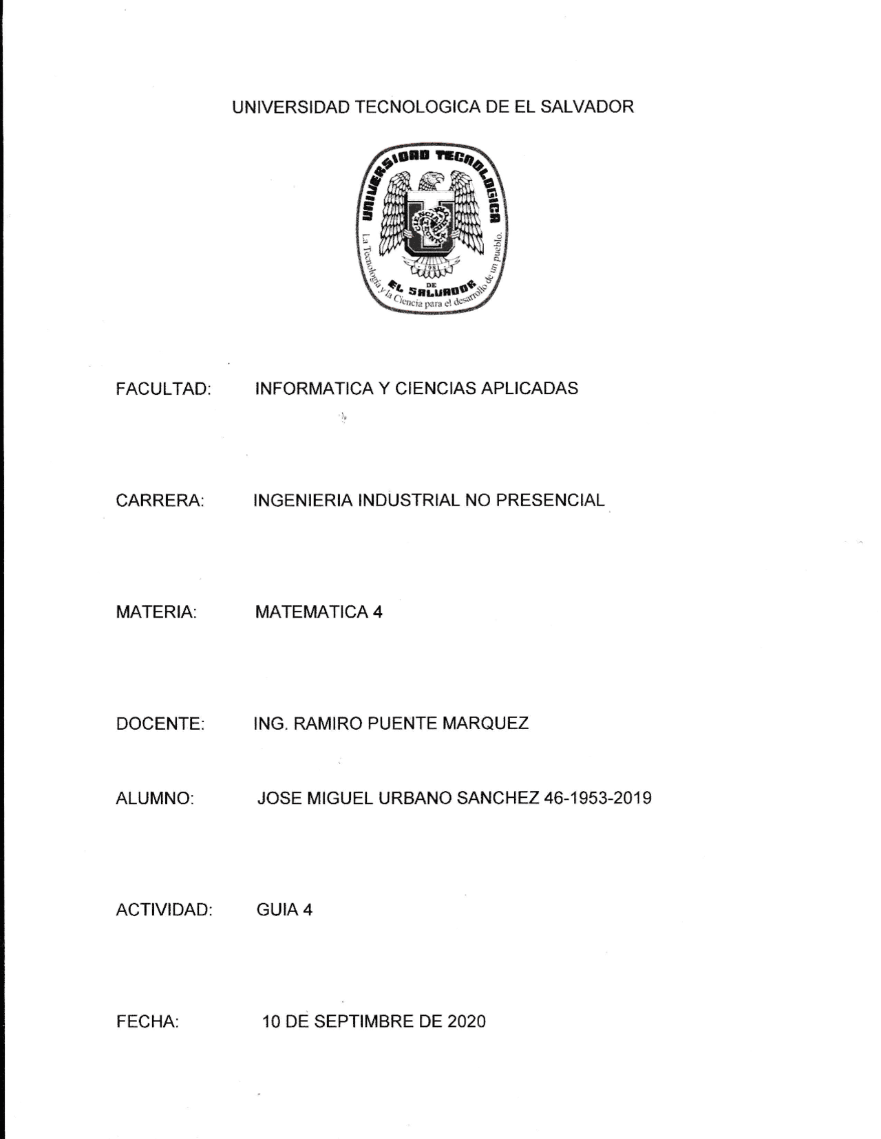 Guia 4 de Matematica 4 Utec | Ejercicios de Matemáticas | Docsity