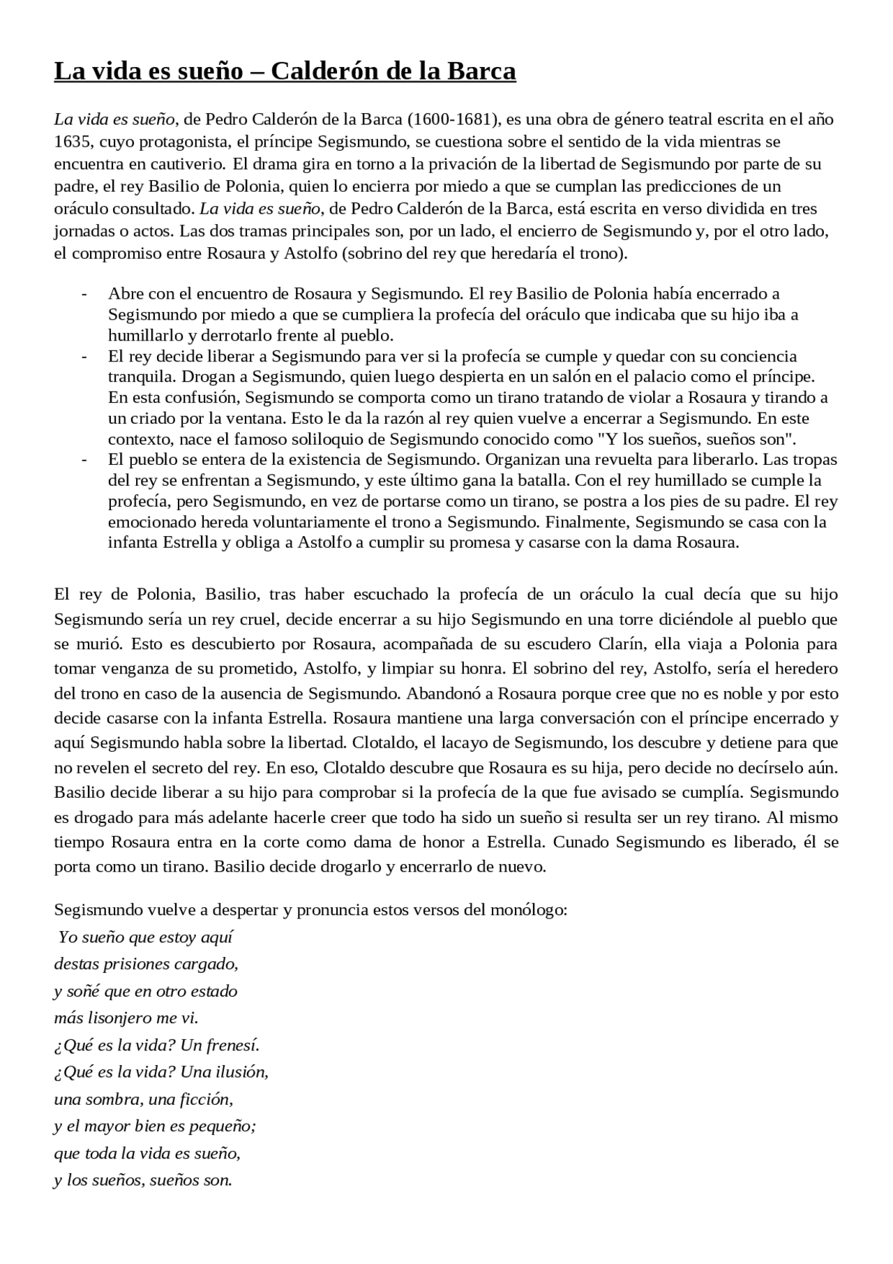 Riassunto LA VIDA ES SUENO - Docsity