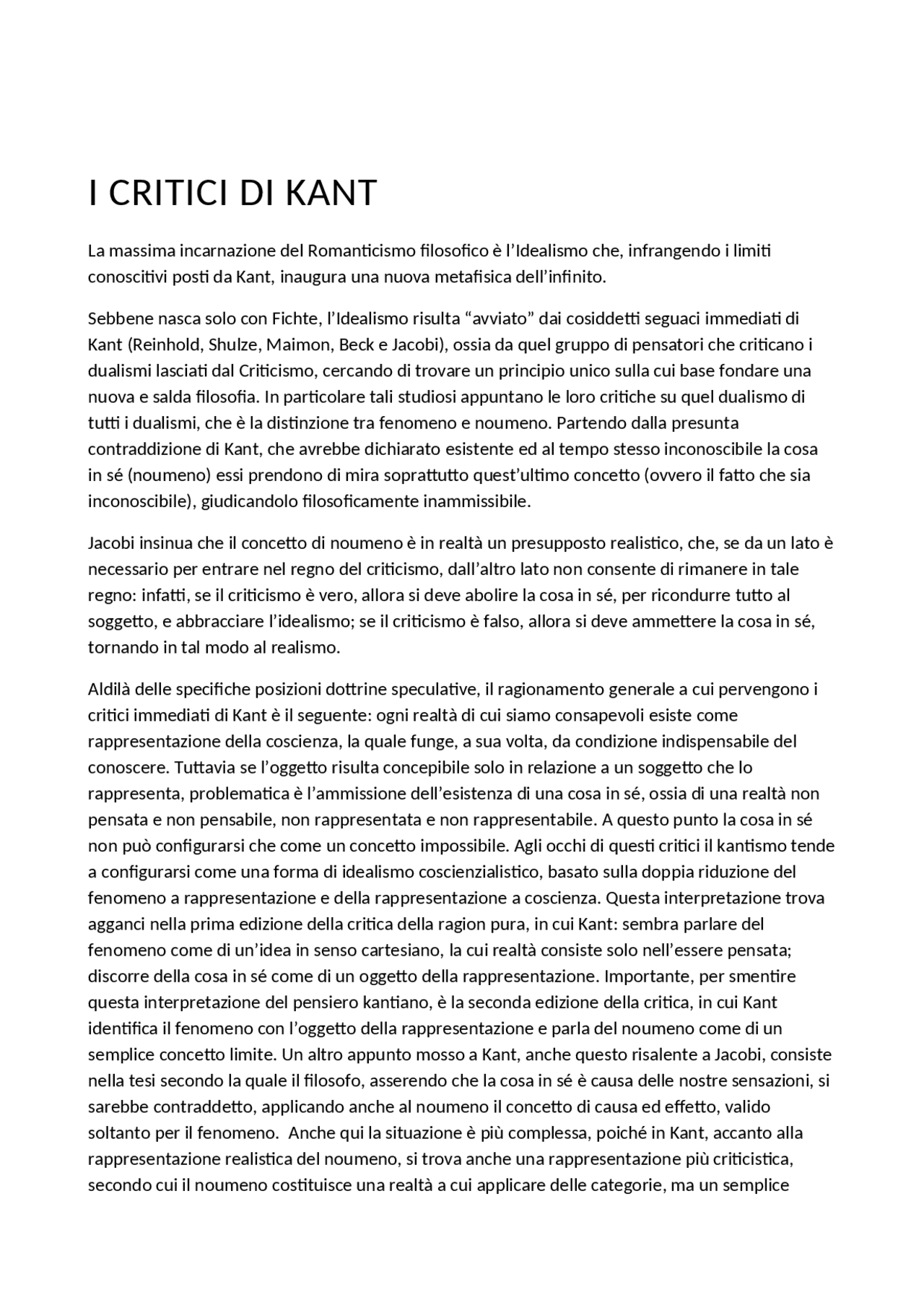 I Critici Di Kant Appunti Di Filosofia Docsity
