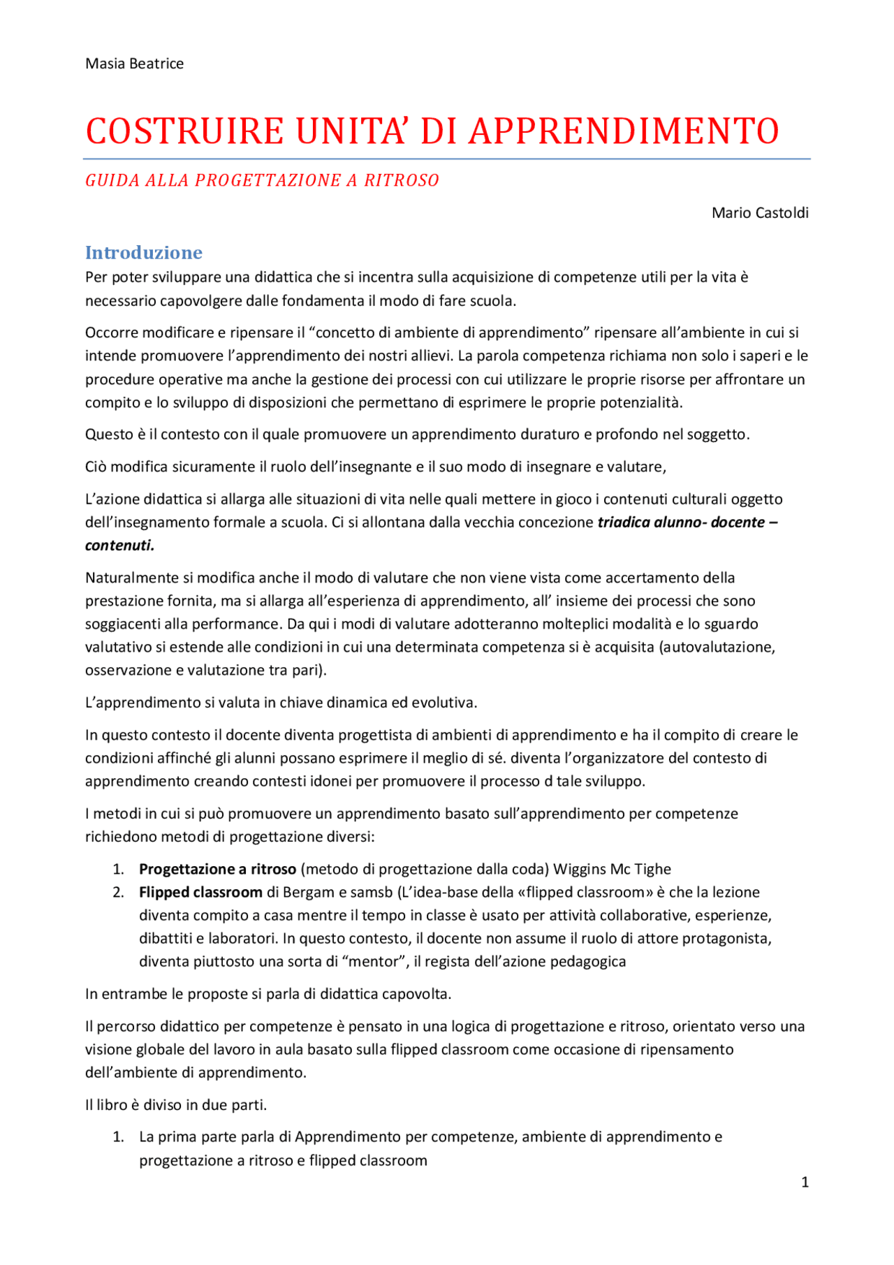 Riassunto Costruire Unità Di Apprendimento M Castoldi Docsity