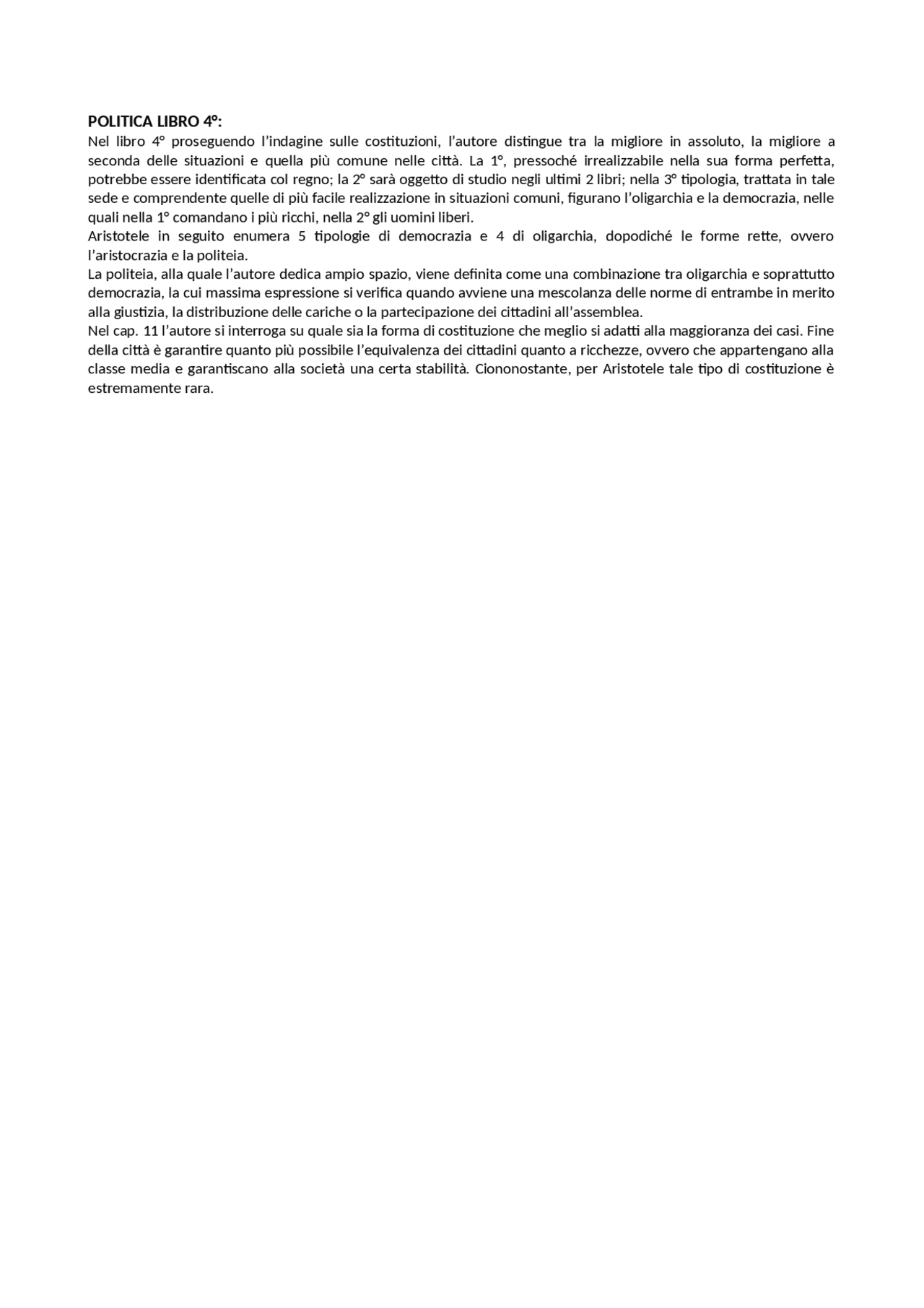 Riassunto Quarto Libro Politica Aristotele Docsity