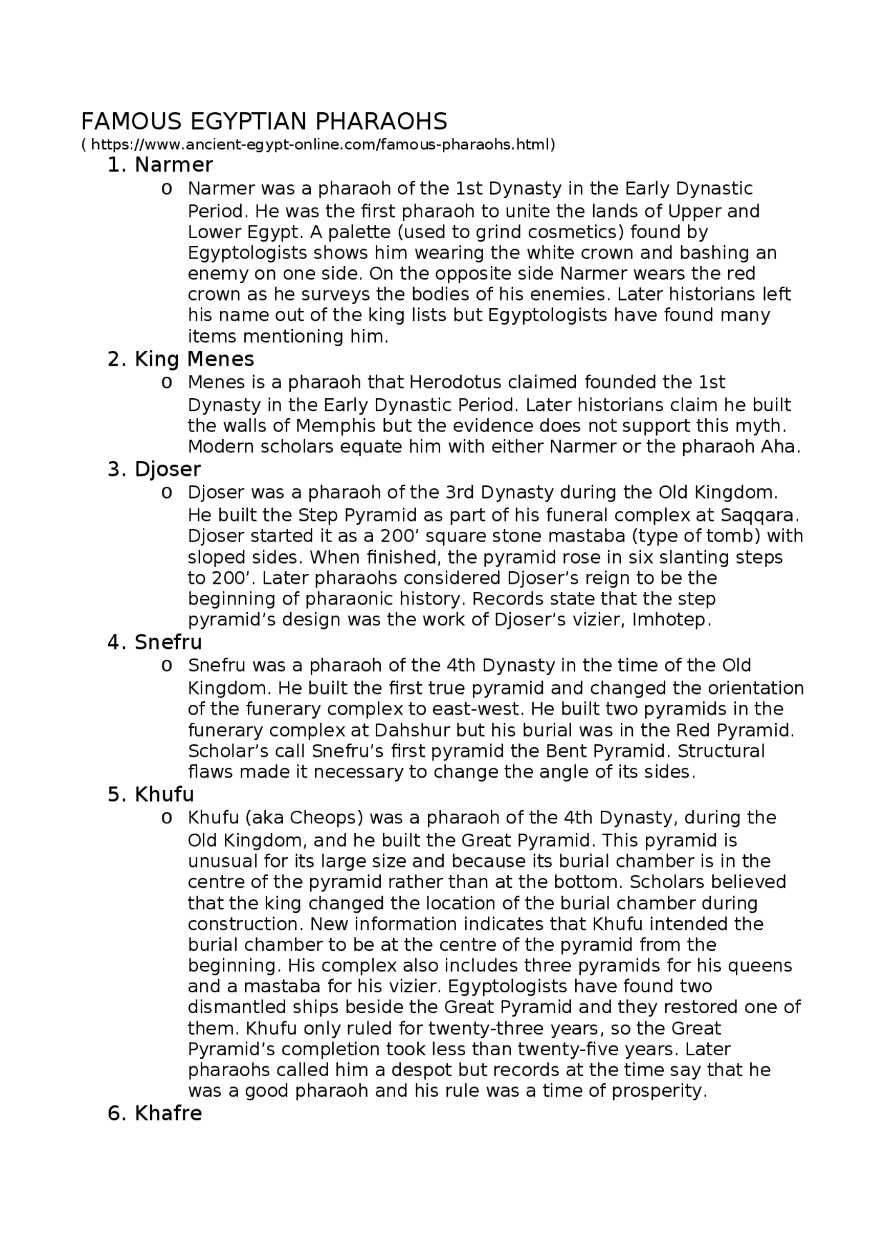 Famous Egyptian Pharaohs - Docsity