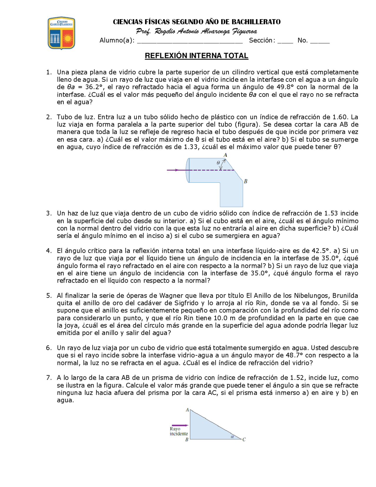 REFLEXIÓN INTERNA TOTAL | Ejercicios de Física | Docsity