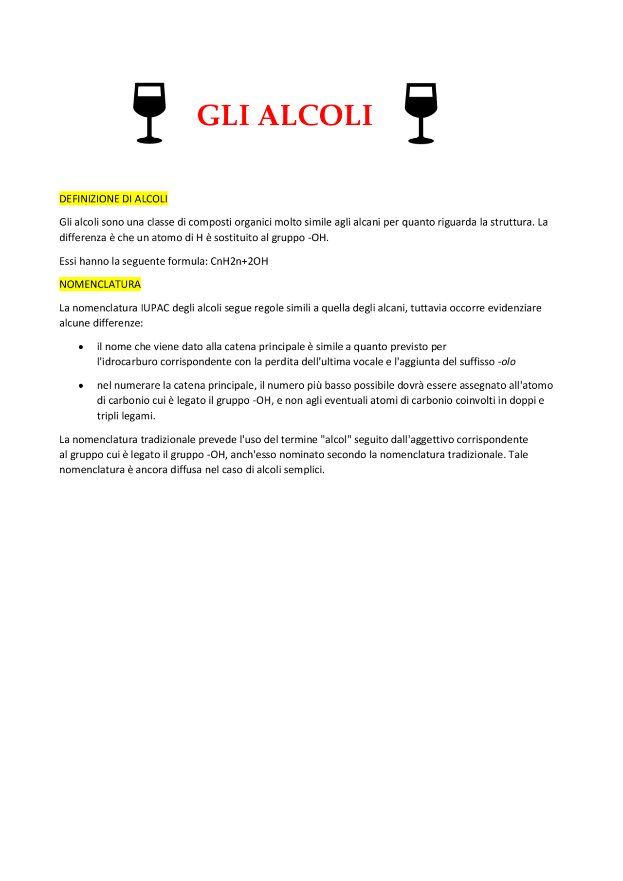 GLI ALCOLI descrizione e nomenclatura IUPAC e tradizionale - Docsity