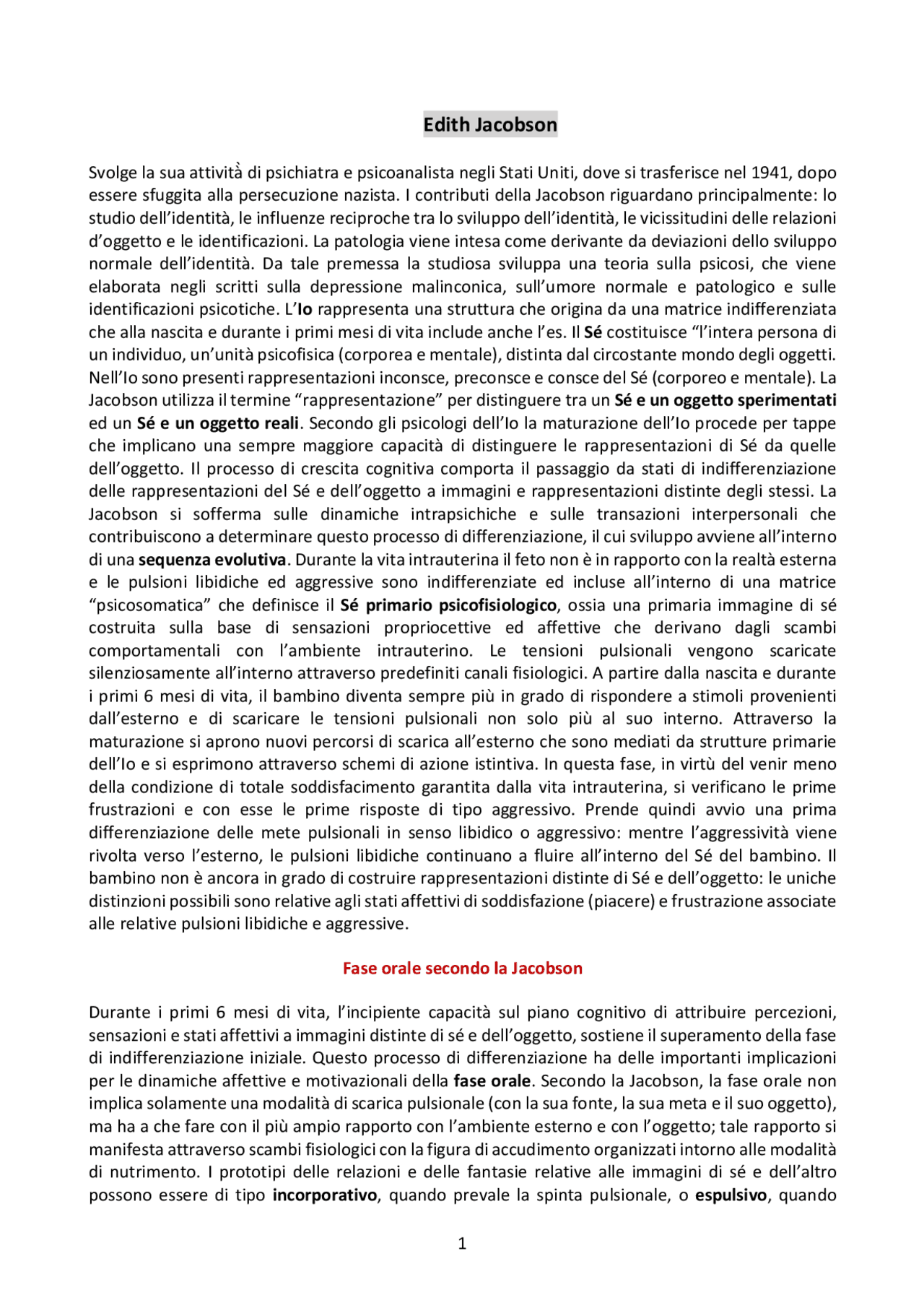 Riassunto del pensiero di Edith Jacobson - Docsity
