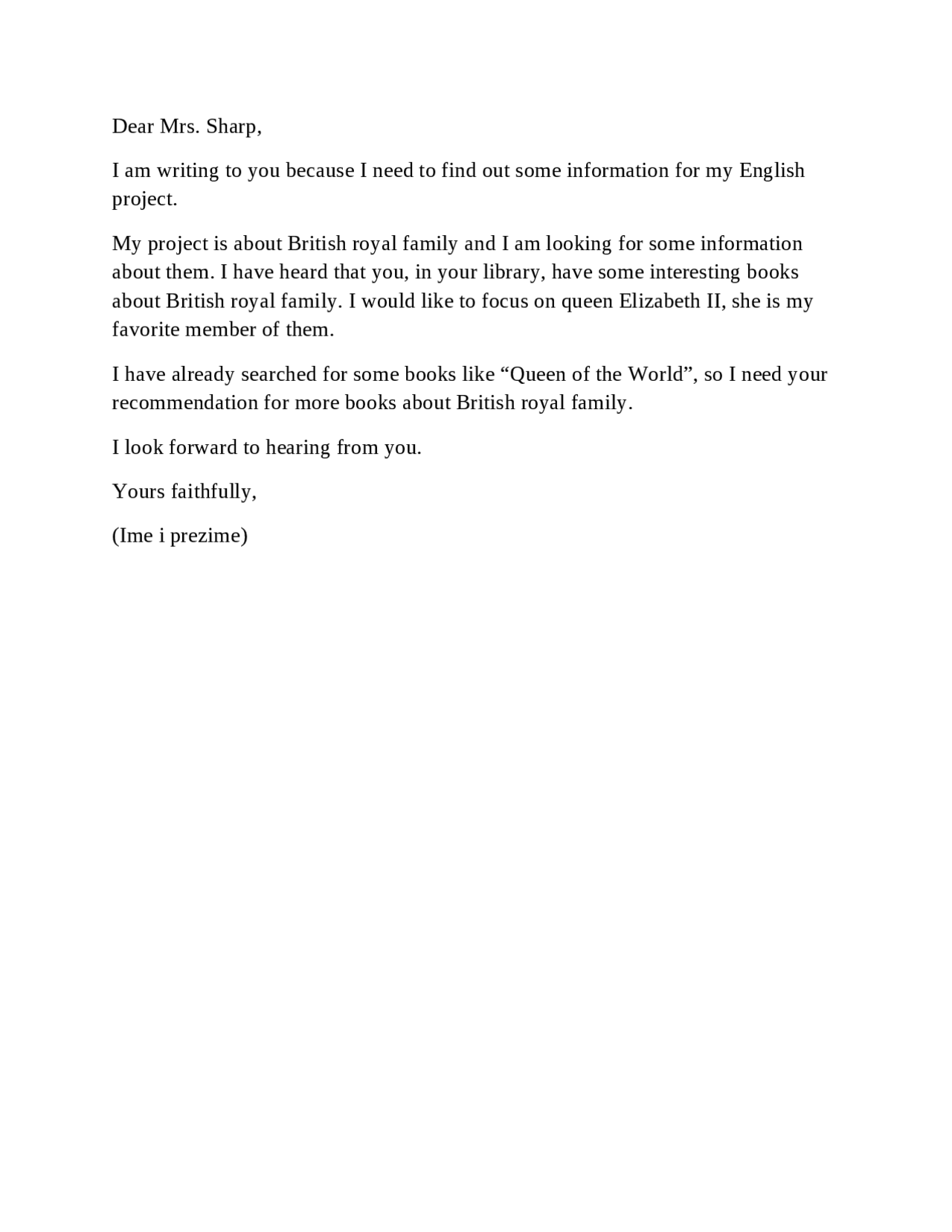 Formal Letter: Primer na engleskom jeziku | Skripte' predlog Engleski ...