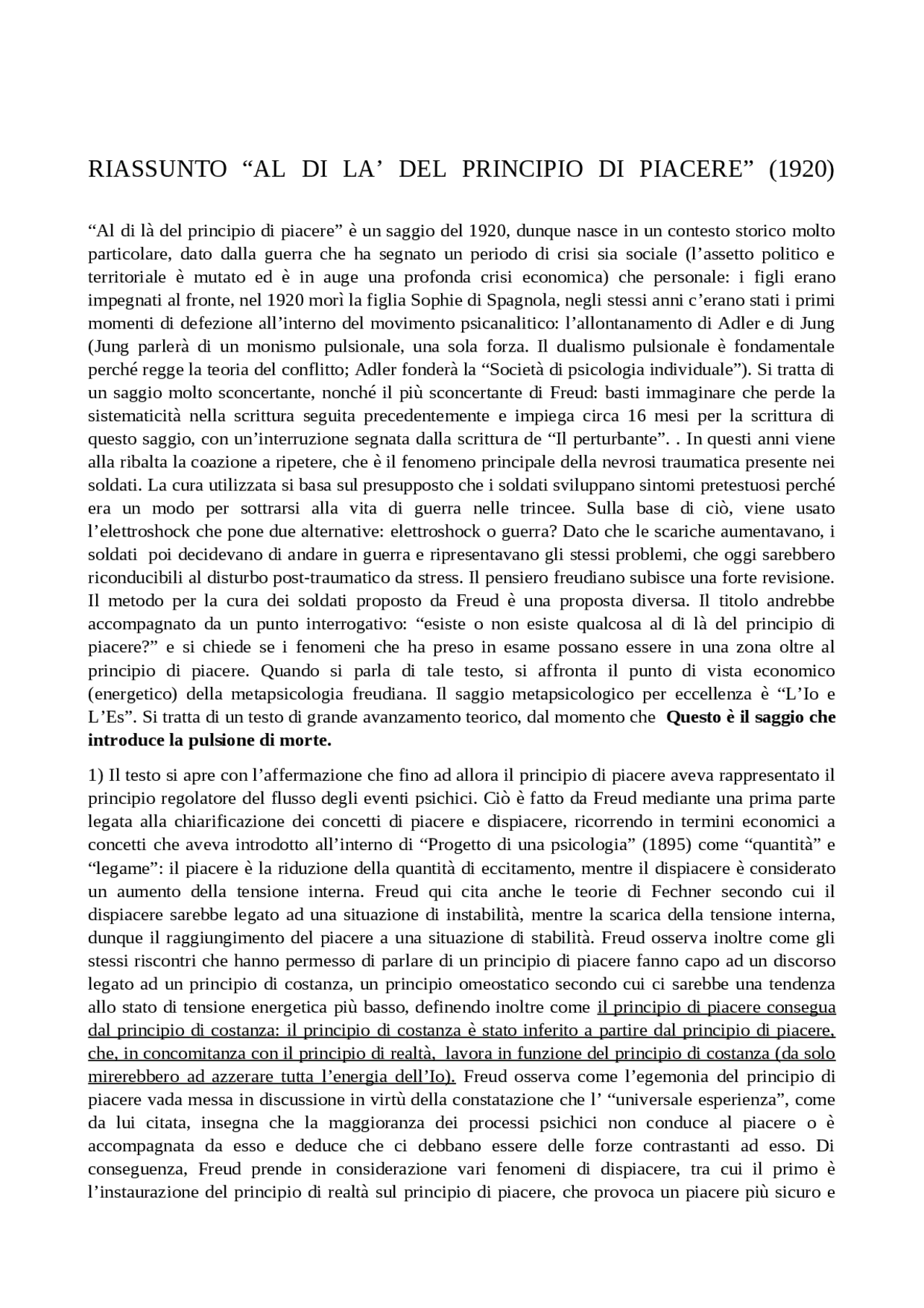 Al Di Là Del Principio Di Piacere Docsity