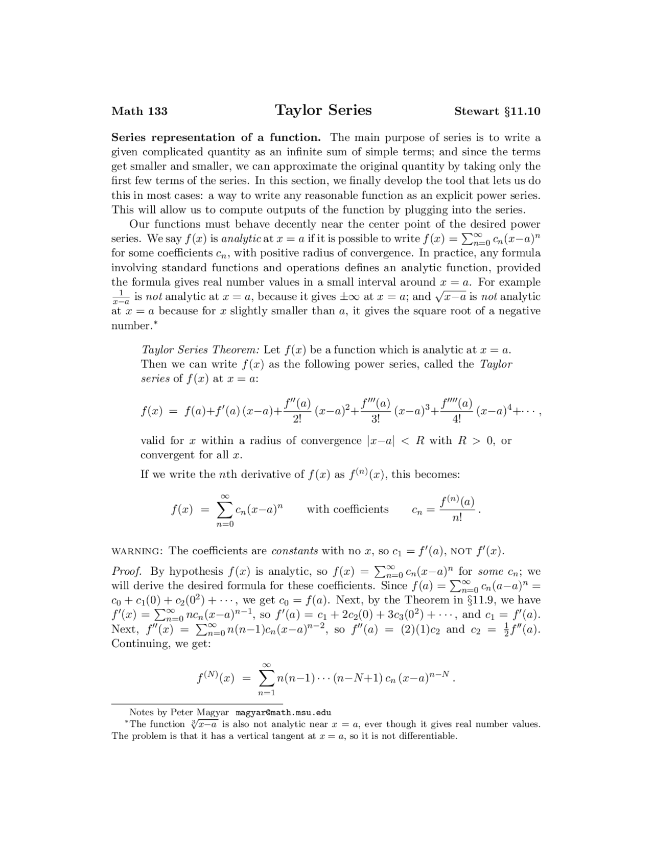 Taylor series notes pdf | Exercises Mathematics | Docsity