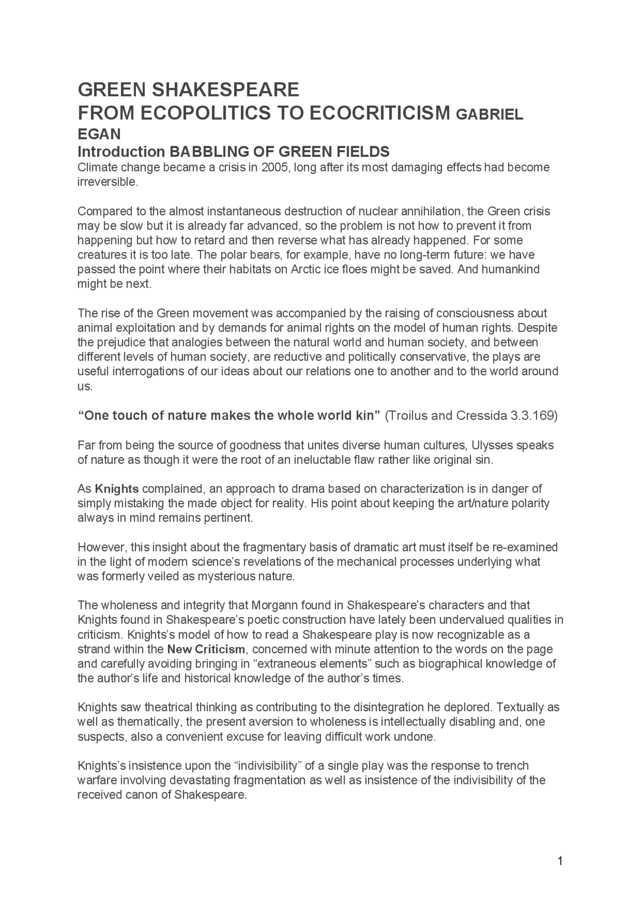 Gabriel Egan, Green Shakespeare From Ecopolitics to Ecocriticism - Docsity