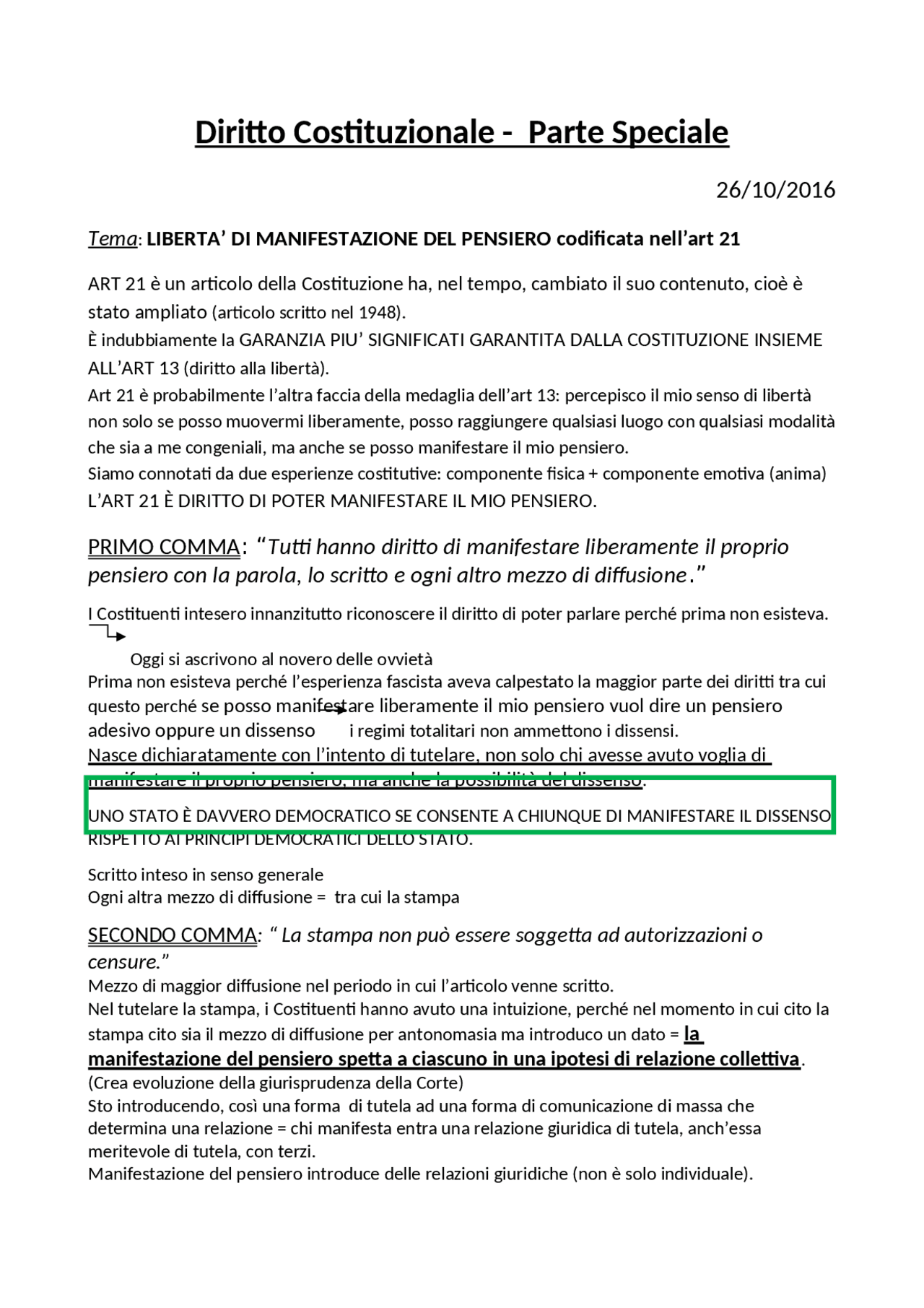 Diritto Costituzionale - parte speciale - Docsity
