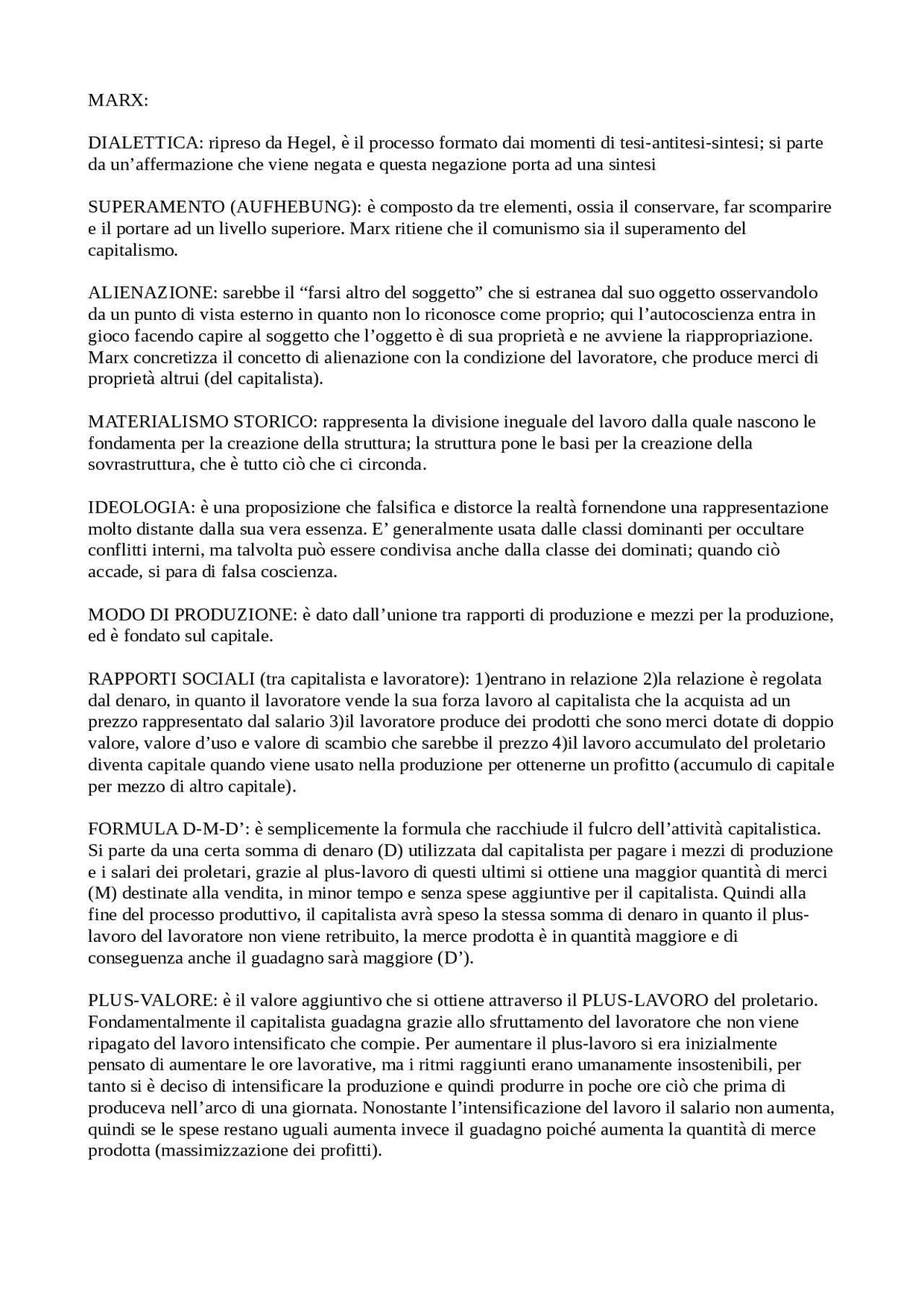 Riassunto Marx Durkheim Docsity