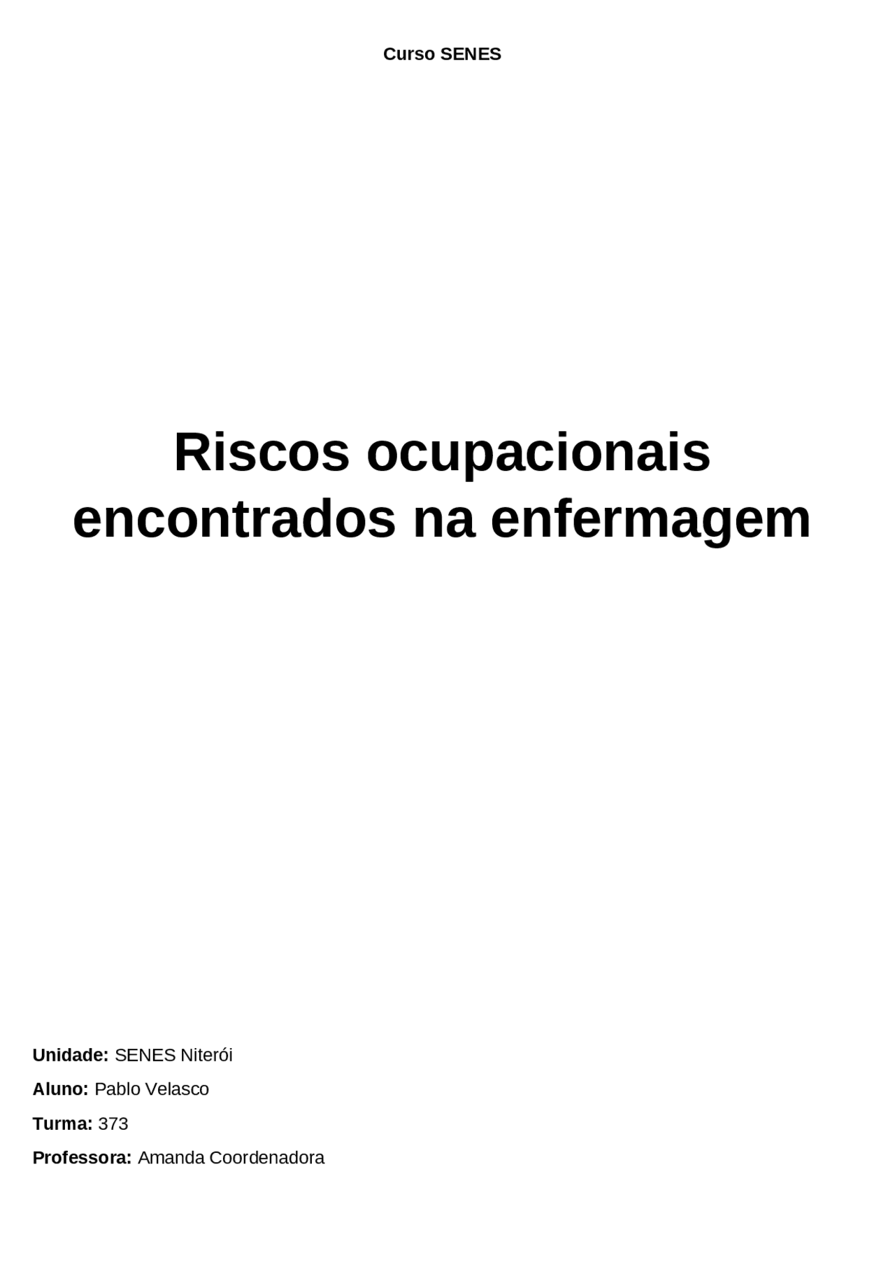 Riscos Ocupacionais Na Enfermagem Docsity