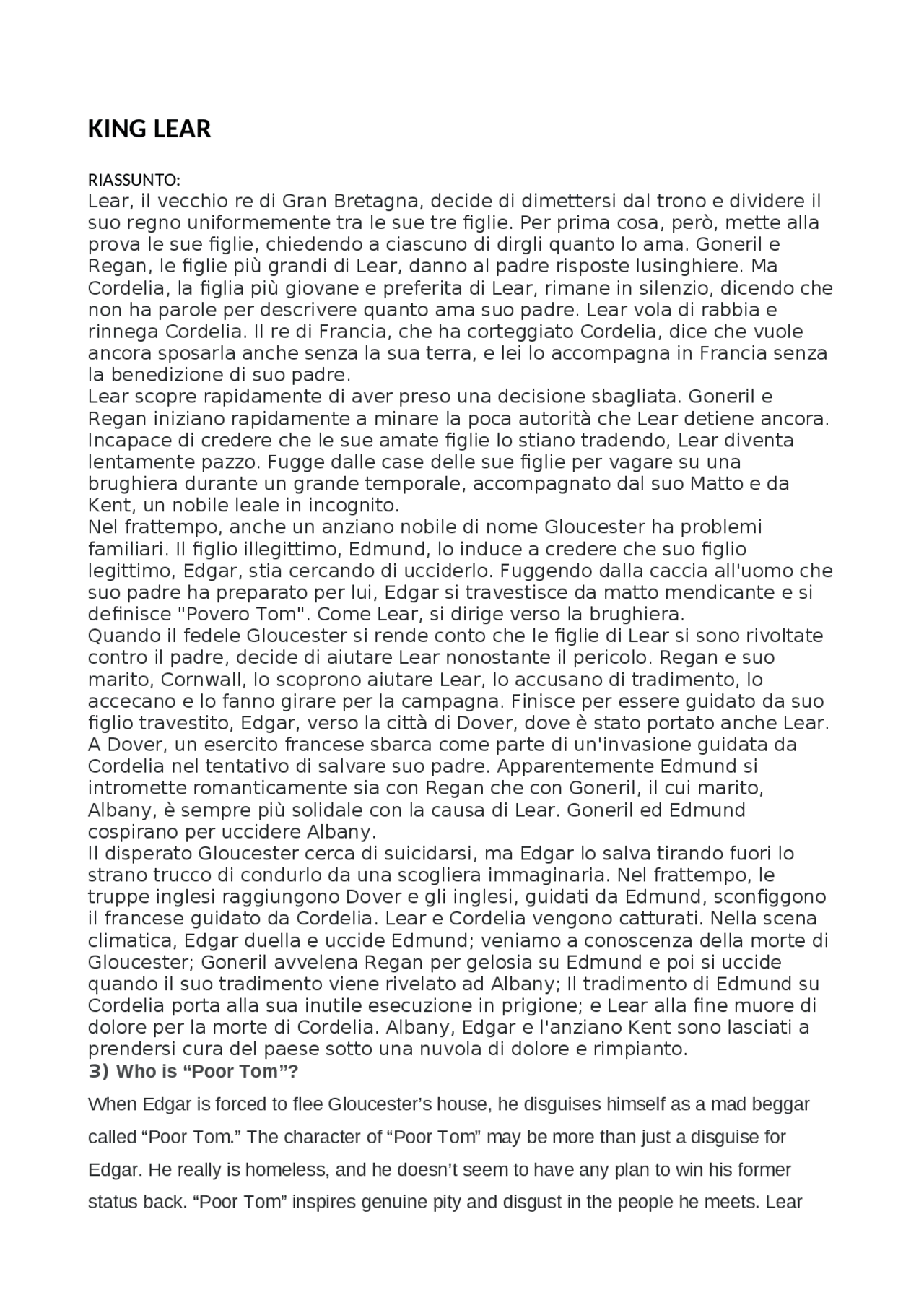 Riassunto ed Analisi King Lear, Shakespeare - Docsity