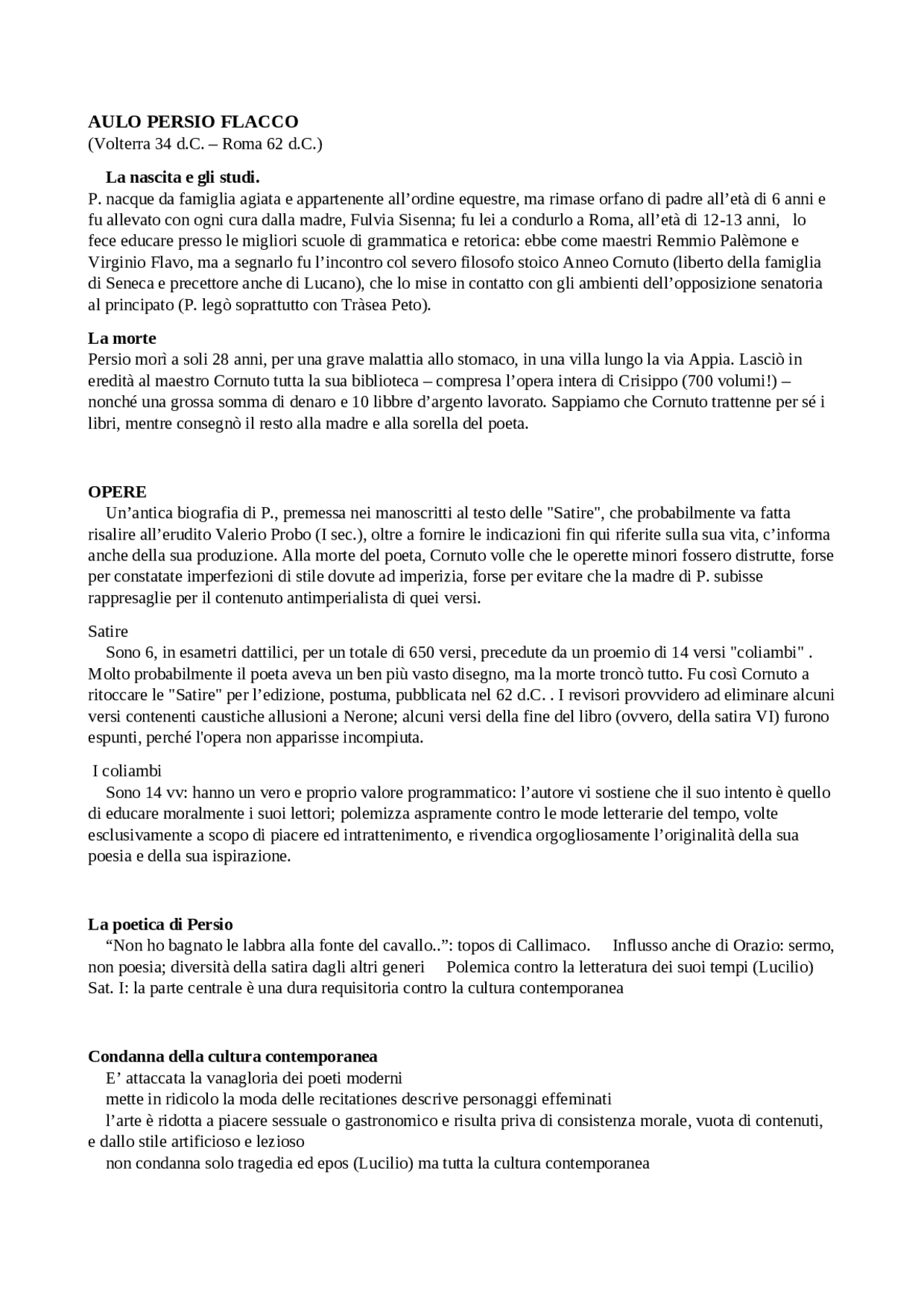 Riassunto E Punti Chiave Persio Appunti Di Latino Docsity