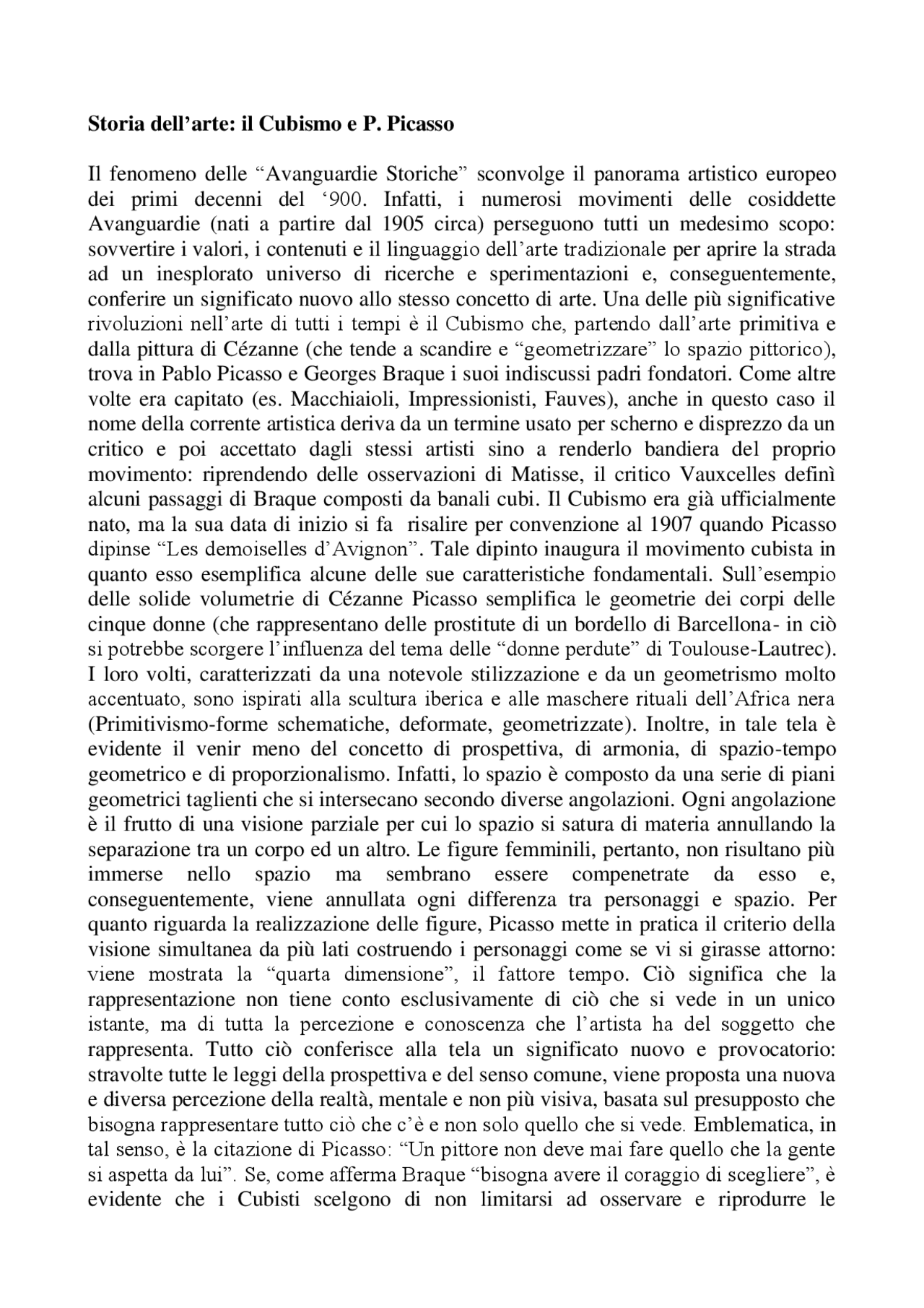 Appunti Su Cubismo E Picasso Docsity