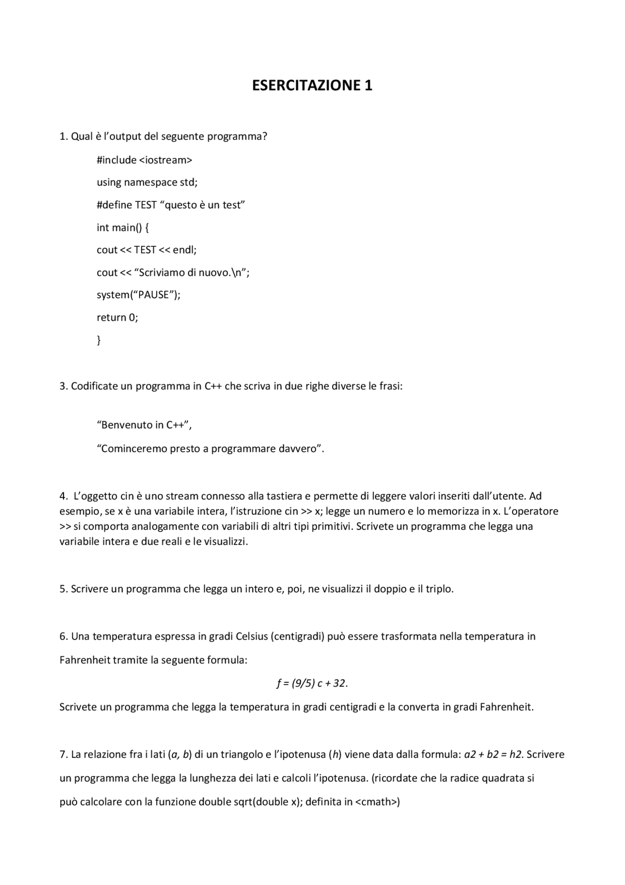 Esercitazione 1 Di Informatica Ingegneria Informatica Unipa Docsity