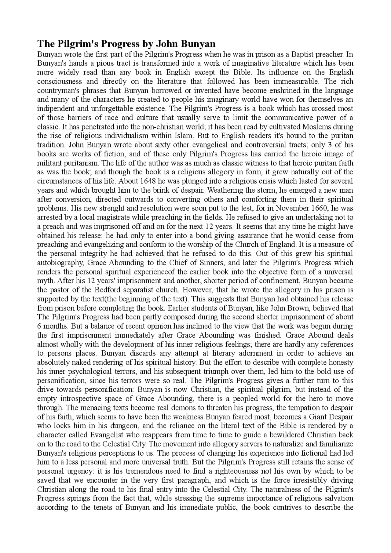 Riassunto John Bunyan's the Pilgrim's Progress - Docsity