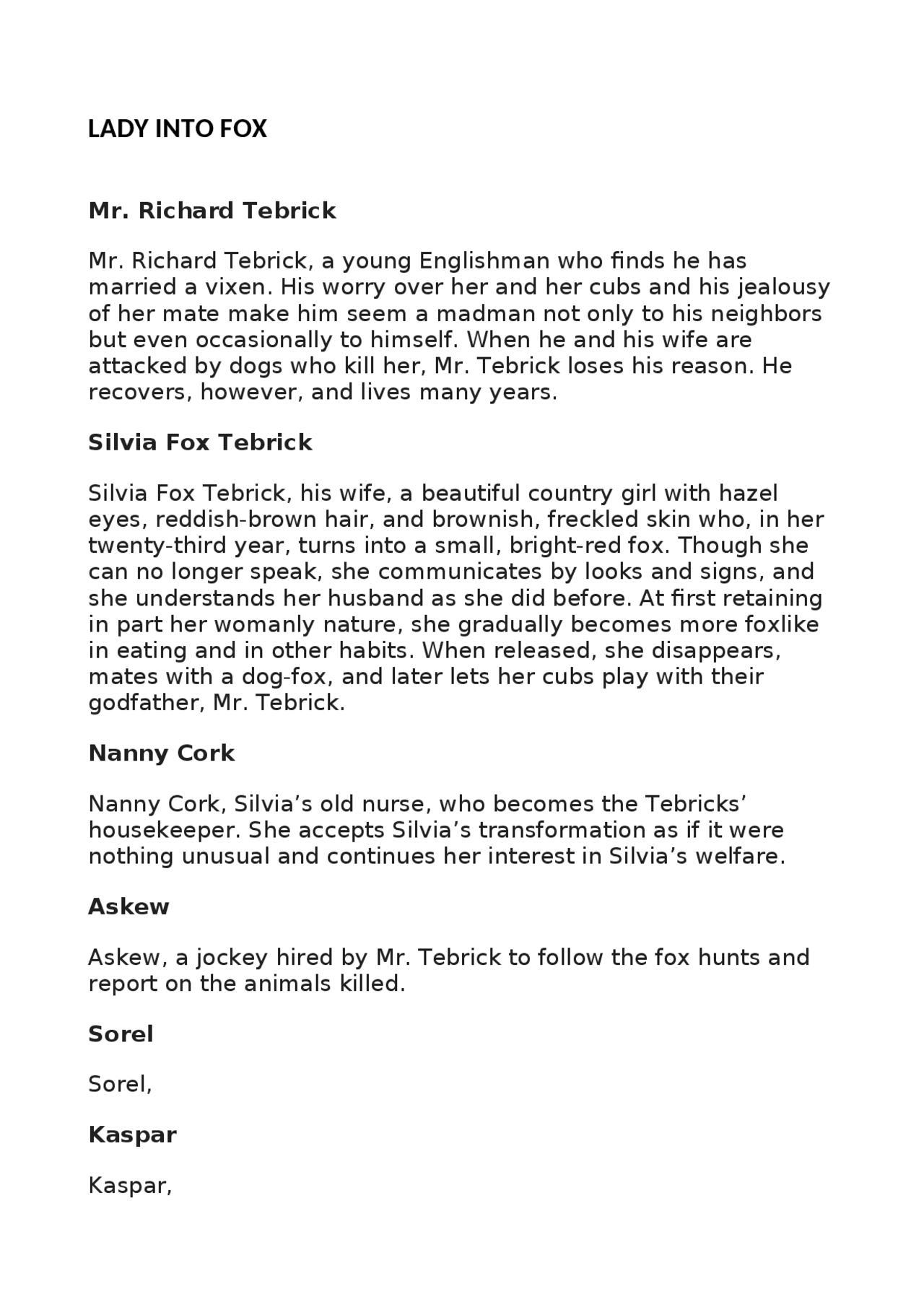 Riassunto ed analisi Lady Into Fox, Garnett. | Appunti di Letteratura Inglese | Docsity