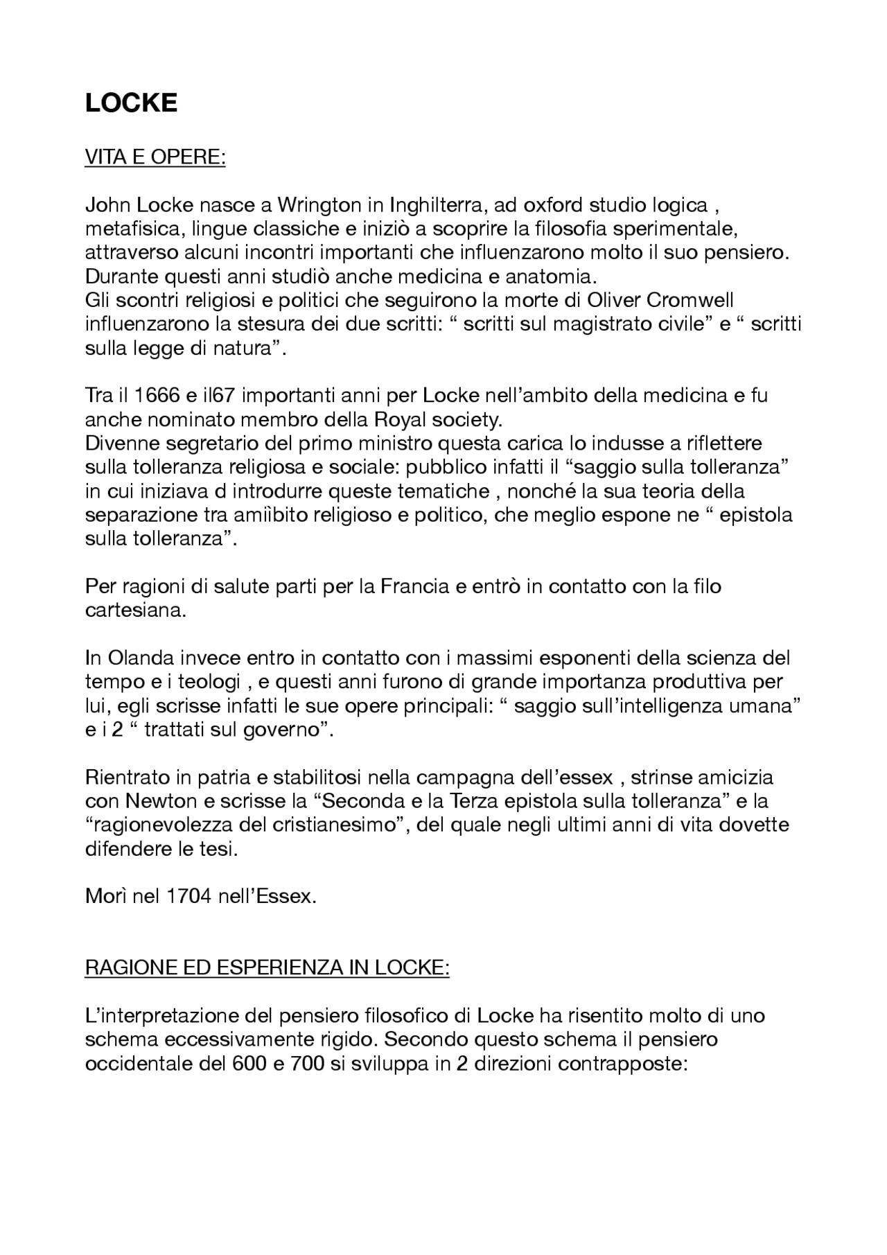 Filosofia moderna ( Locke). - Docsity