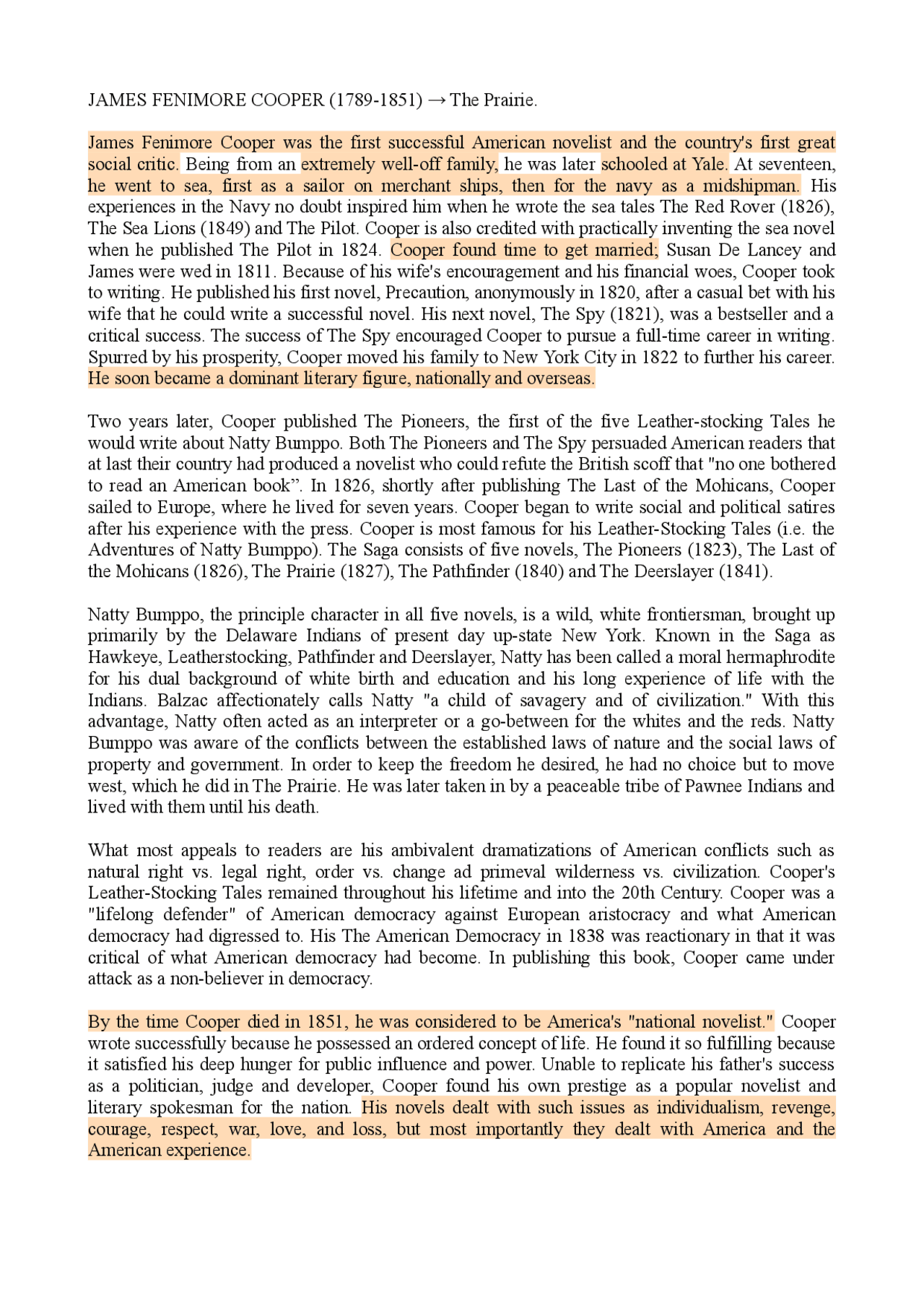 Biografía James Fenimore Cooper - Docsity