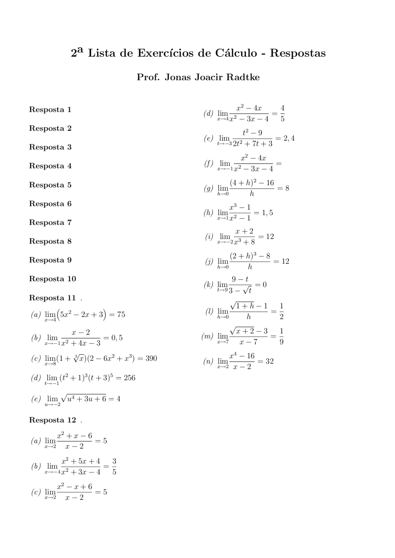 Lista De Exercícios Calculo Ii Docsity