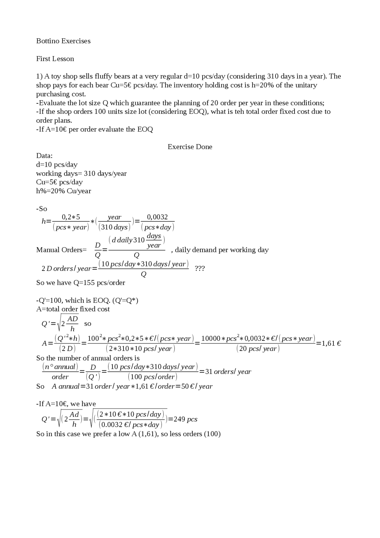 Esercizi Production Processes Docsity