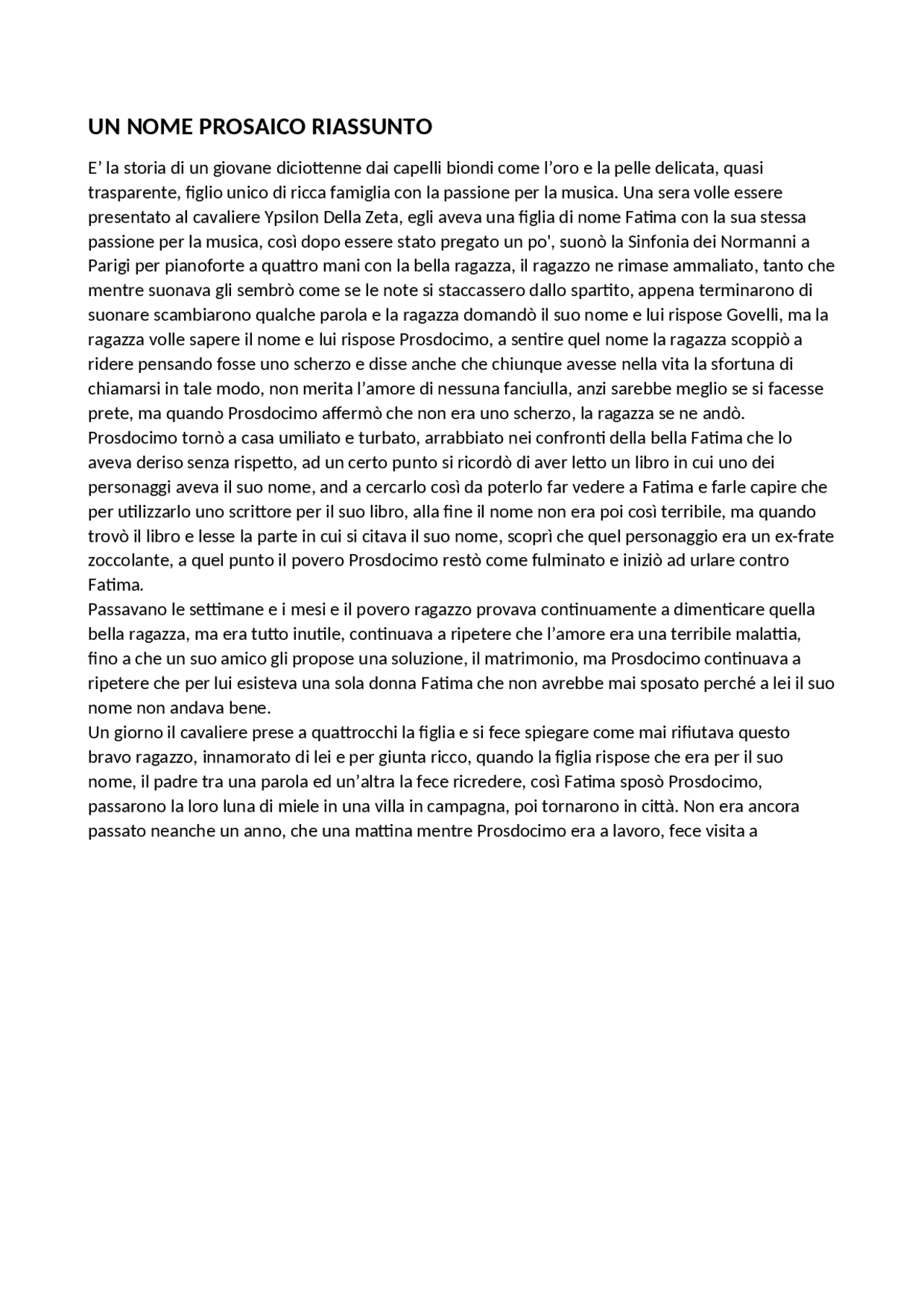 Un nome prosaico riassunto - Docsity