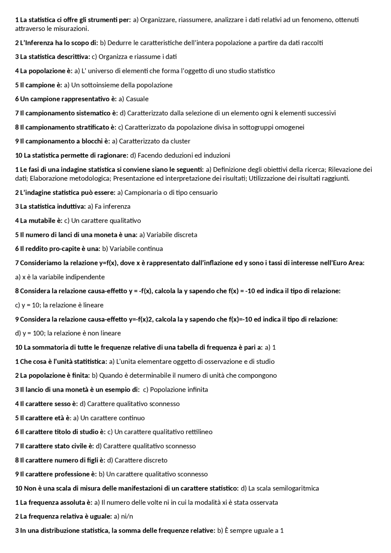 Risposte Test Di Autovalutazione Statistica Docsity
