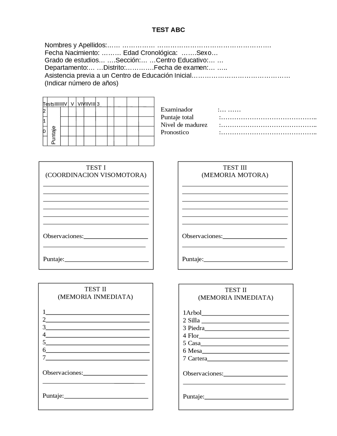 Hoja de respuestas para el Test ABC | Apuntes de Psicología | Docsity