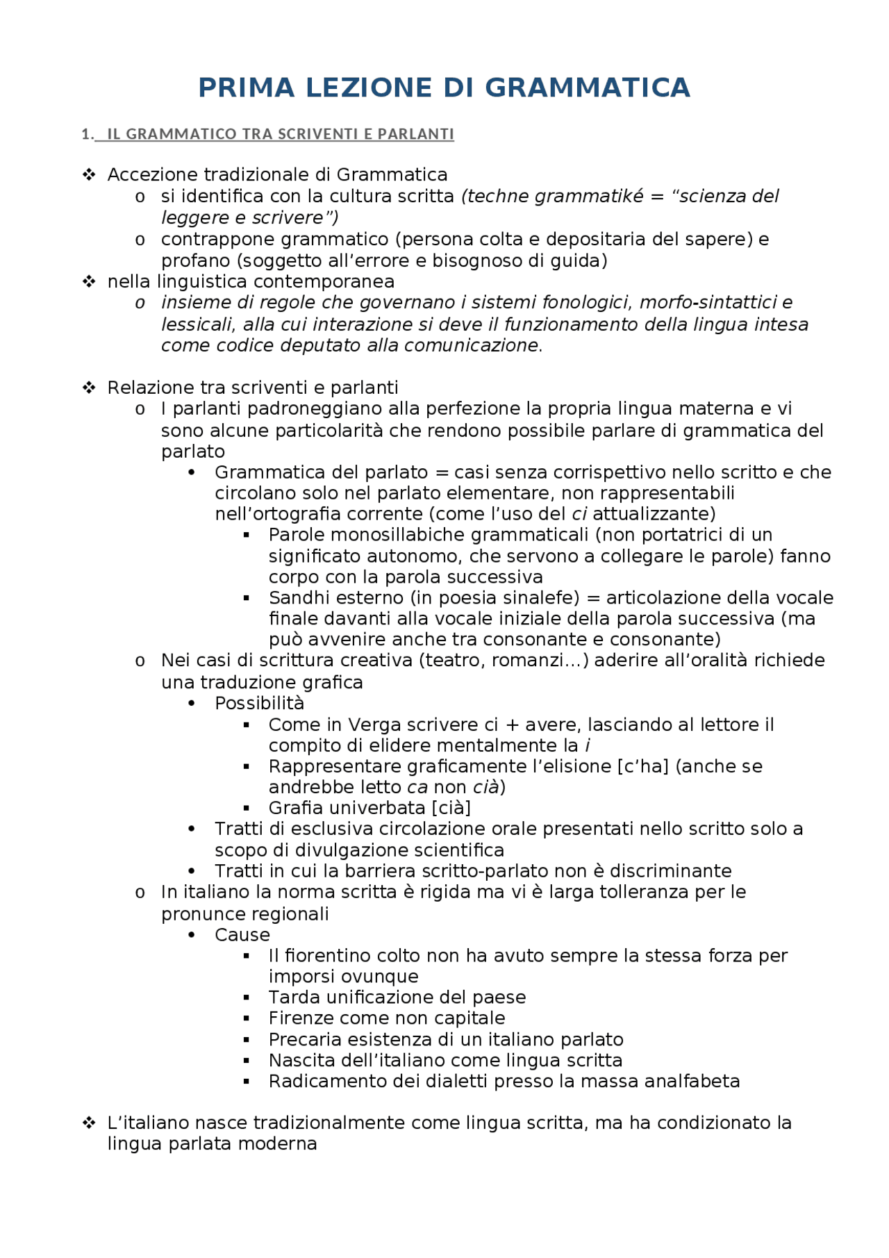 Riassunto Prima Lezione Di Grammatica Docsity