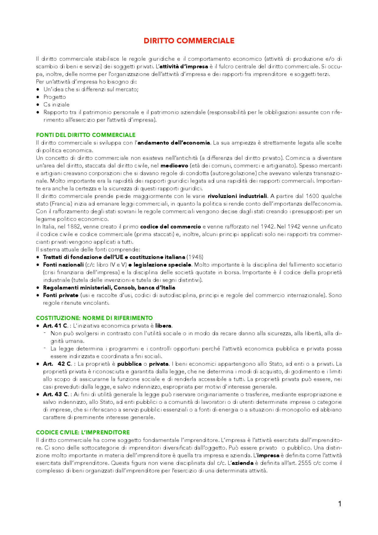 PRIMA PARTE- appunti di diritto commerciale: LE IMPRESE - Docsity