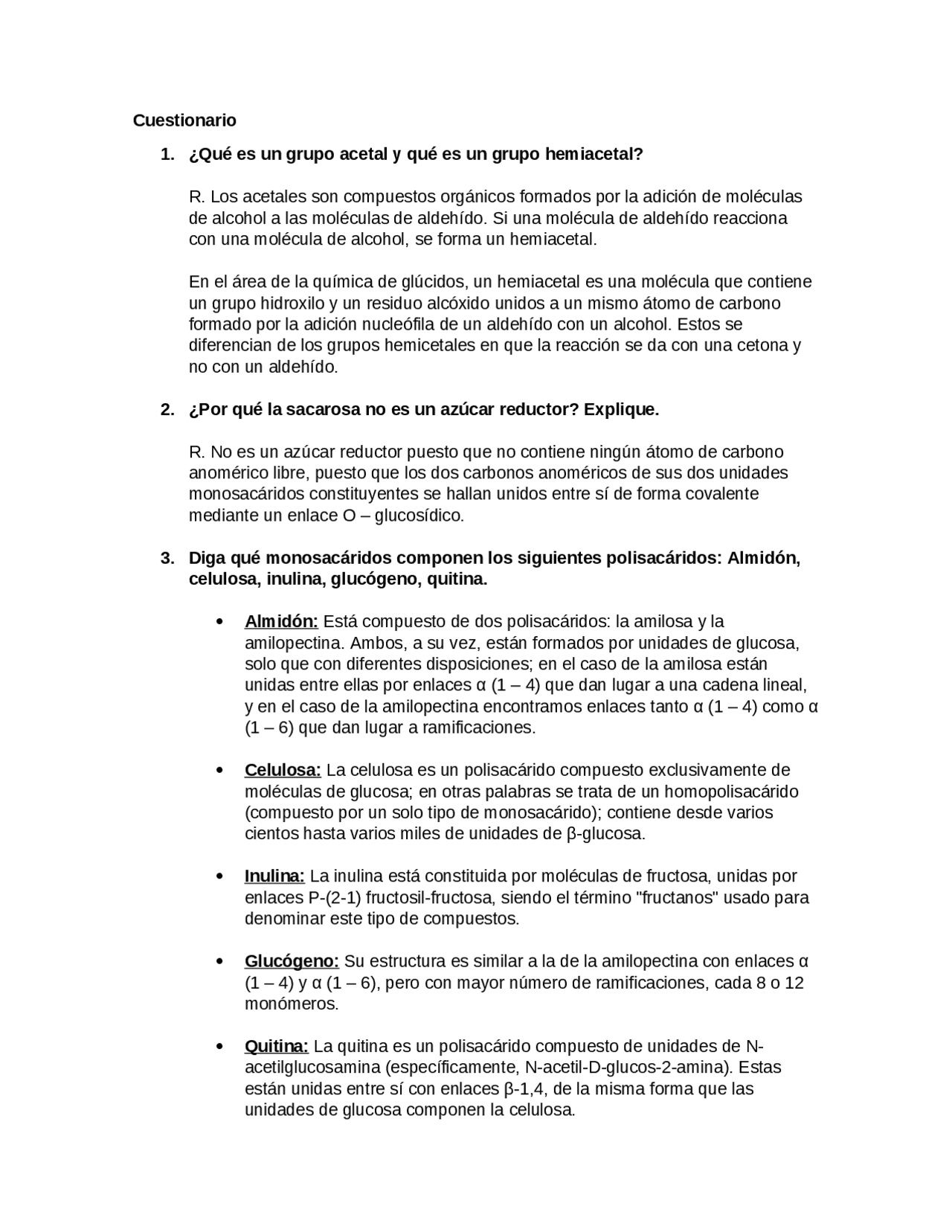 Cuestionario De Carbohidratos Apuntes De Bioquímica Docsity