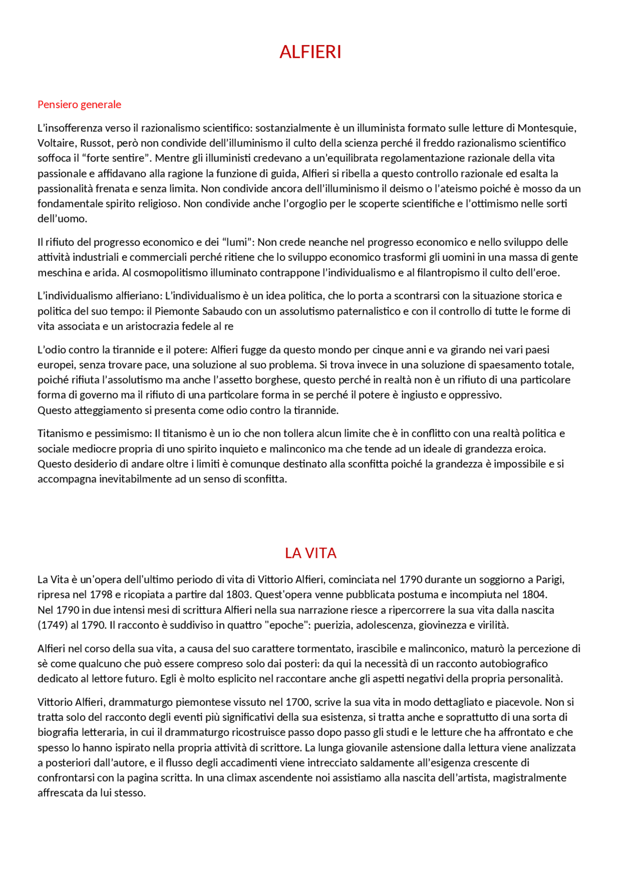 Appunti Alfieri Letteratura Italiana Con Brevini Unibg Docsity