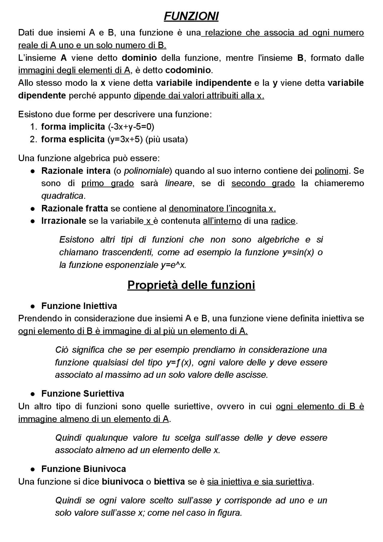 Funzioni Elementari Matematica Appunti Di Matematica Docsity